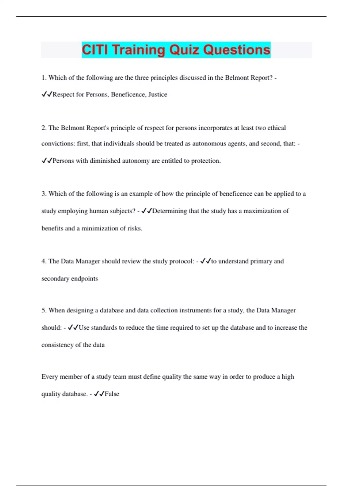 CITI Training Quiz Questions | 2023 | Questions with 100% Correct ...