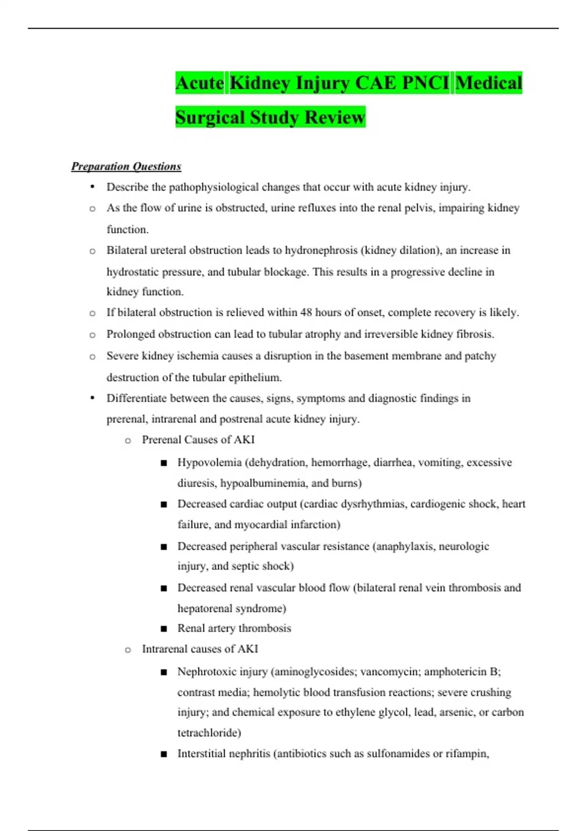 Acute Kidney Injury CAE PNCI Medical Surgical Study Review - Acute ...