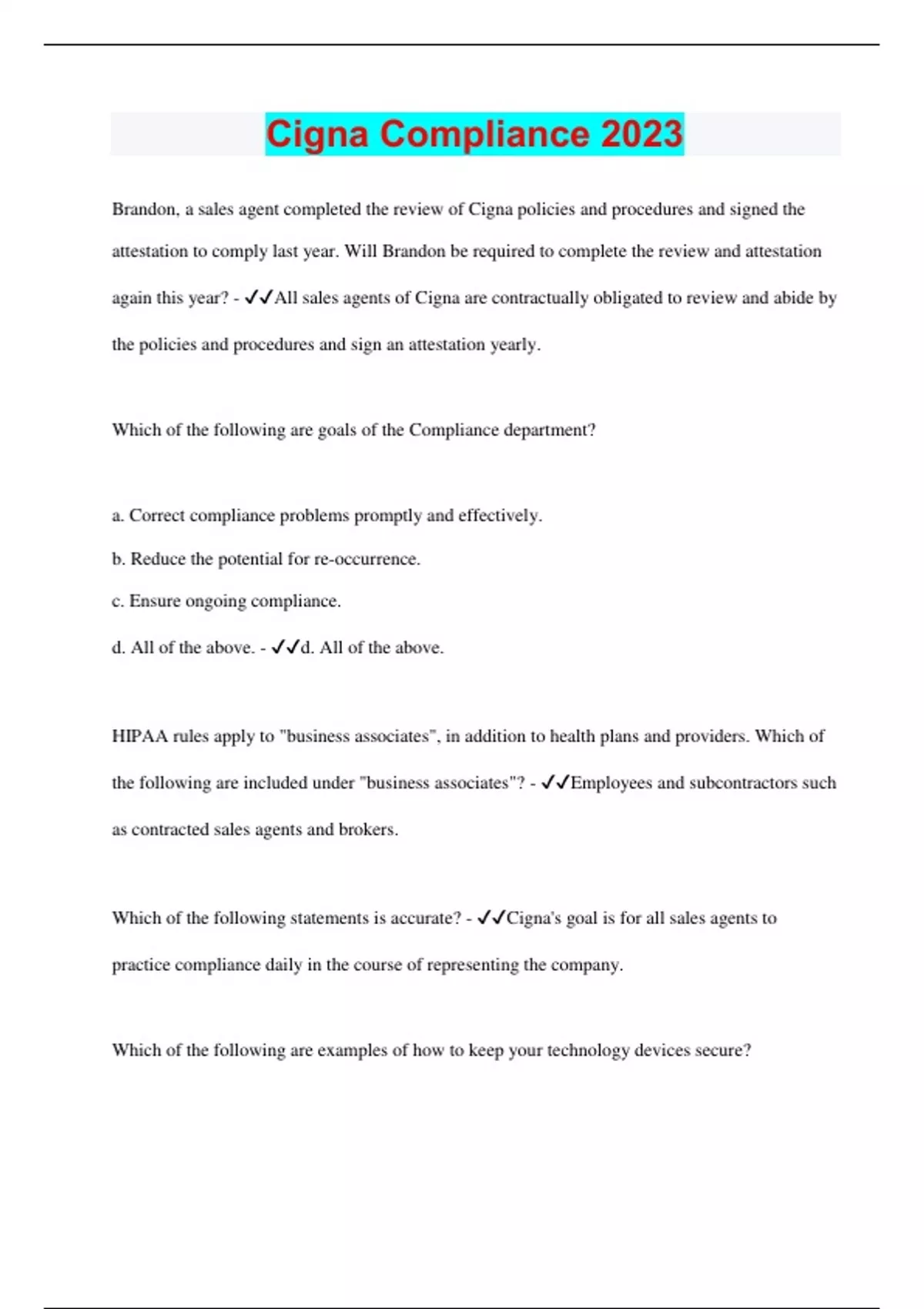 Cigna Compliance 2023 | 2023 | Questions with 100% Correct Answers | Updated & Verified - Cigna ...