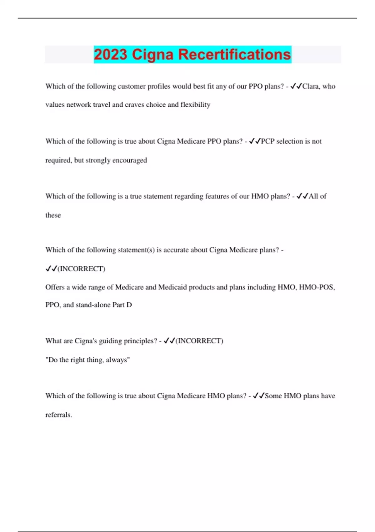 2023 Cigna Recertifications | 2023 | Questions with 100% Correct ...