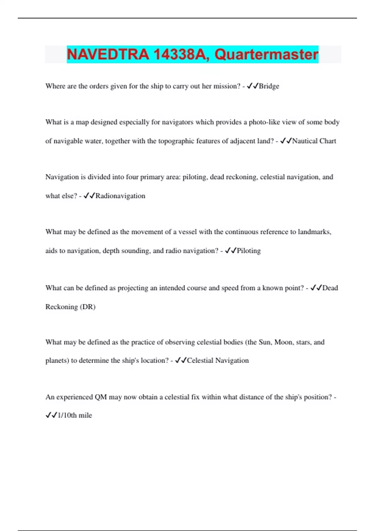 NAVEDTRA 14338A, Quartermaster | 2023 | 100 Questions with 100% Correct ...