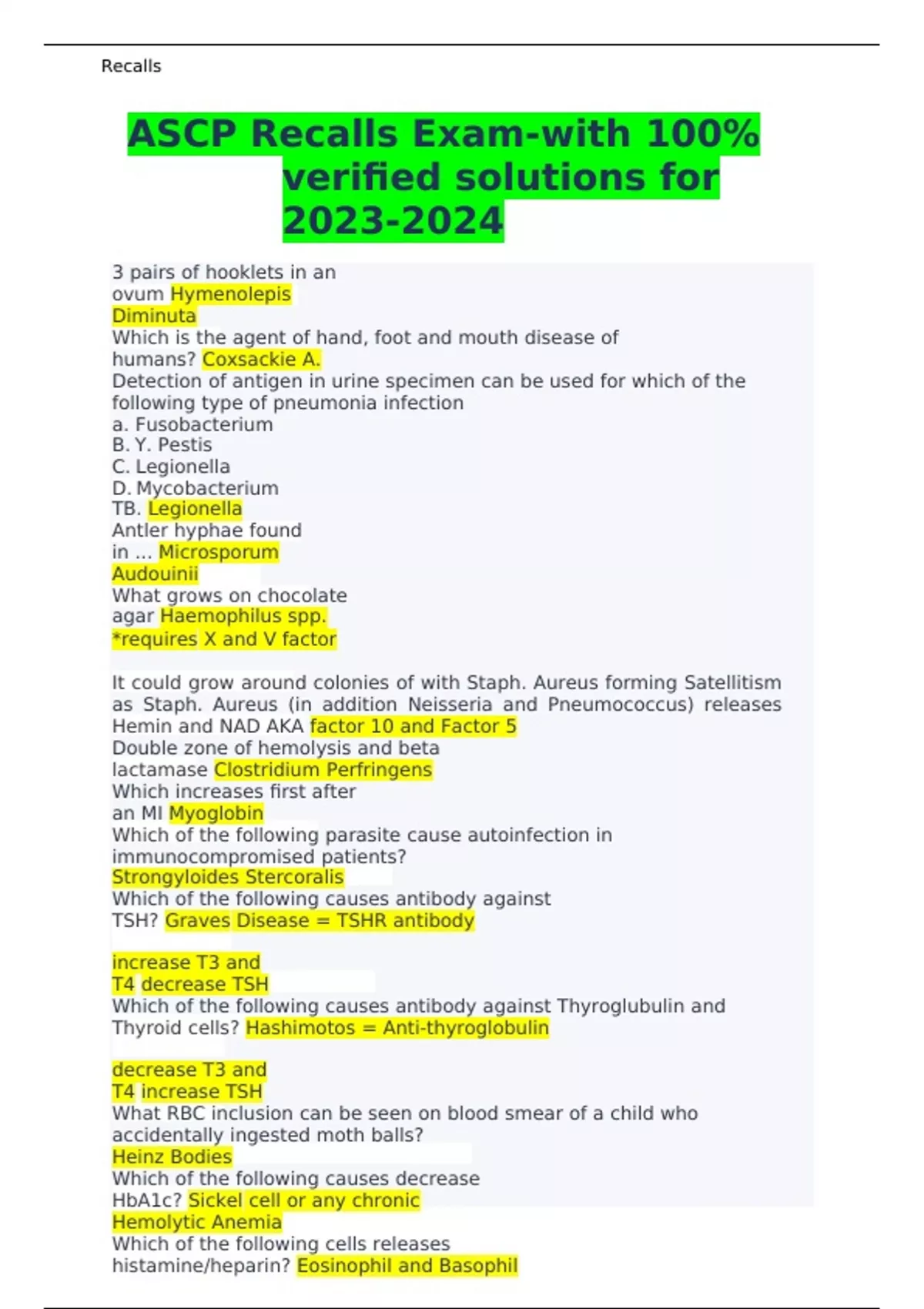 ASCP Recalls Exam-with 100% verified solutions and Graded A+ - ASCP Recalls - Stuvia US