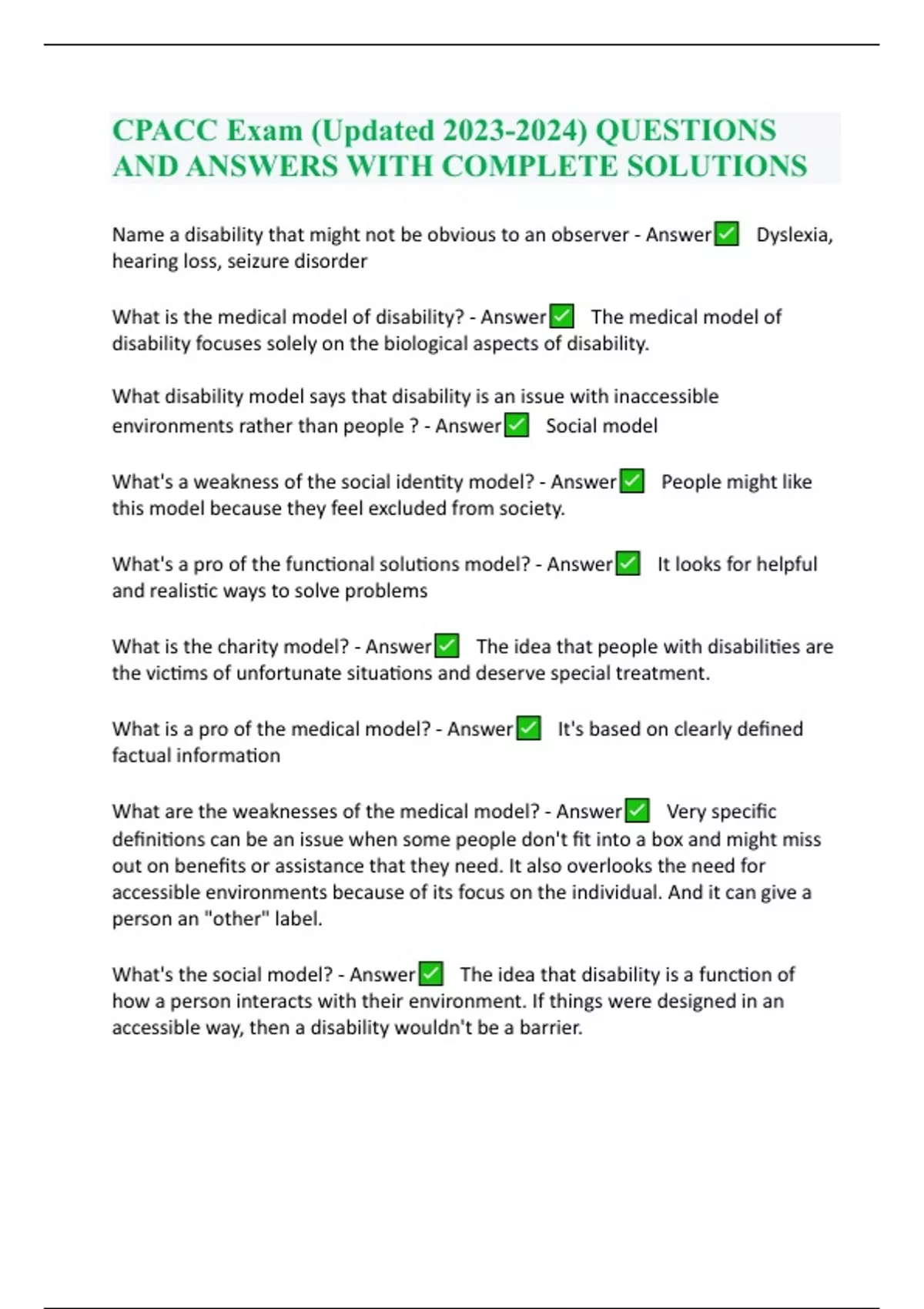 CPACC Exam (Updated ) QUESTIONS AND ANSWERS WITH COMPLETE SOLUTIONS - CPACC - Certified ...