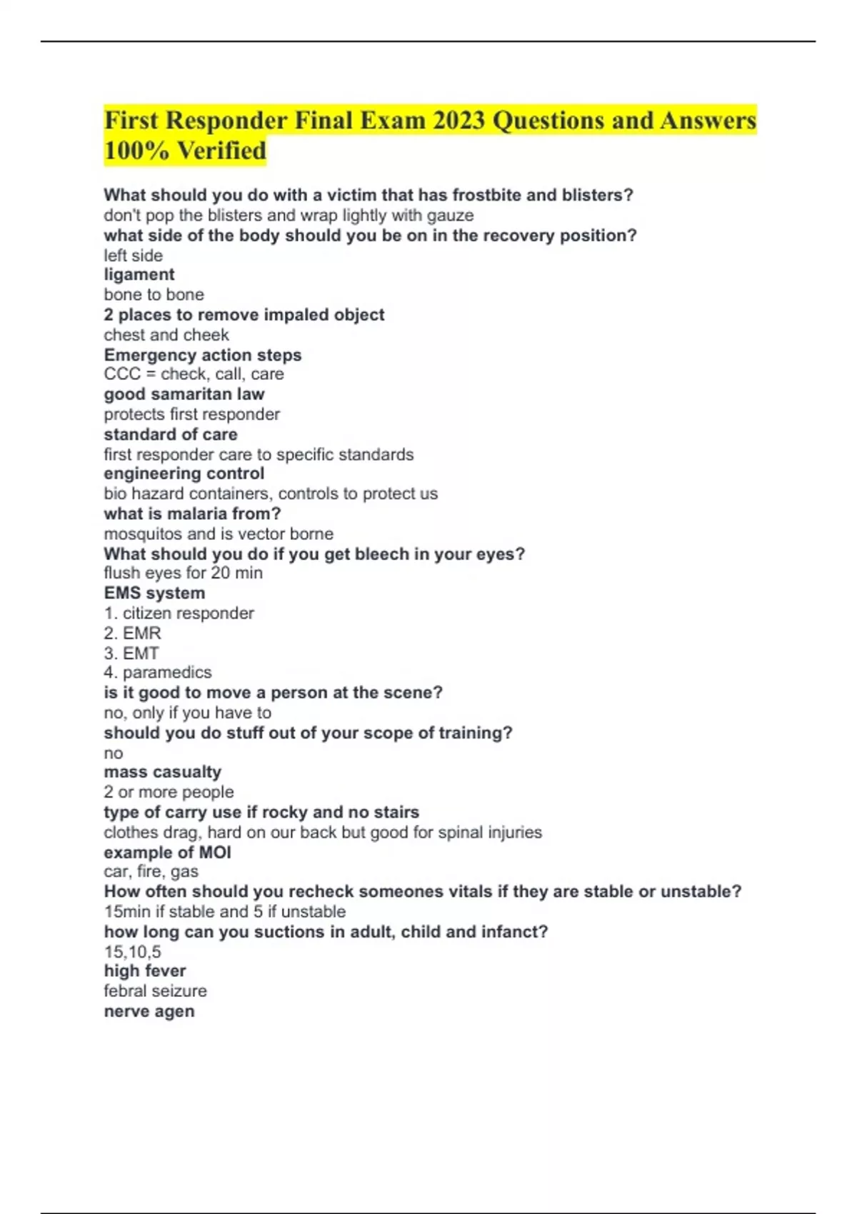 First Responder Final Exam 2023 Questions and Answers 100% Verified ...