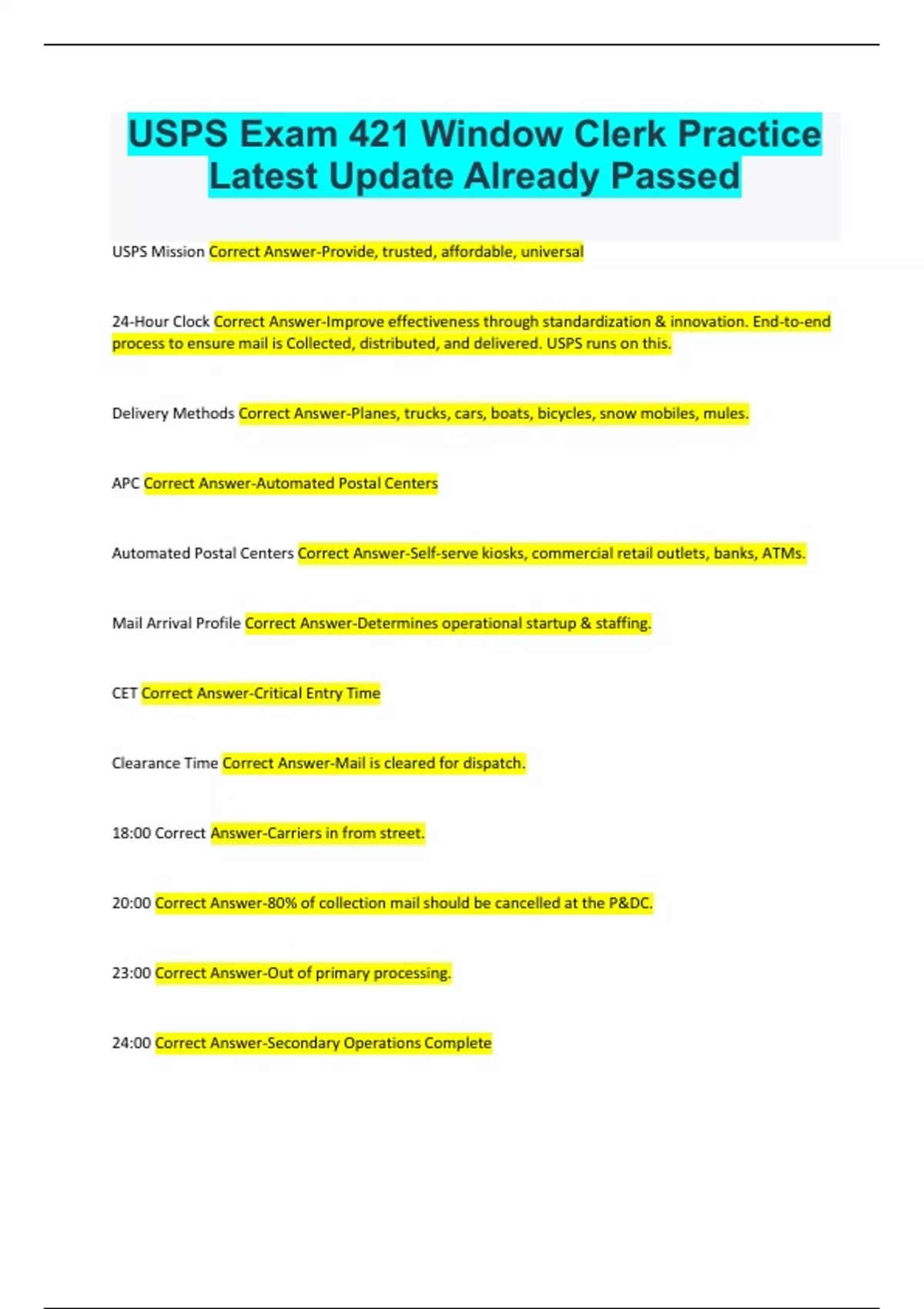 USPS Exam 421 Window Clerk Practice Latest Update Already Passed - Q&A ...