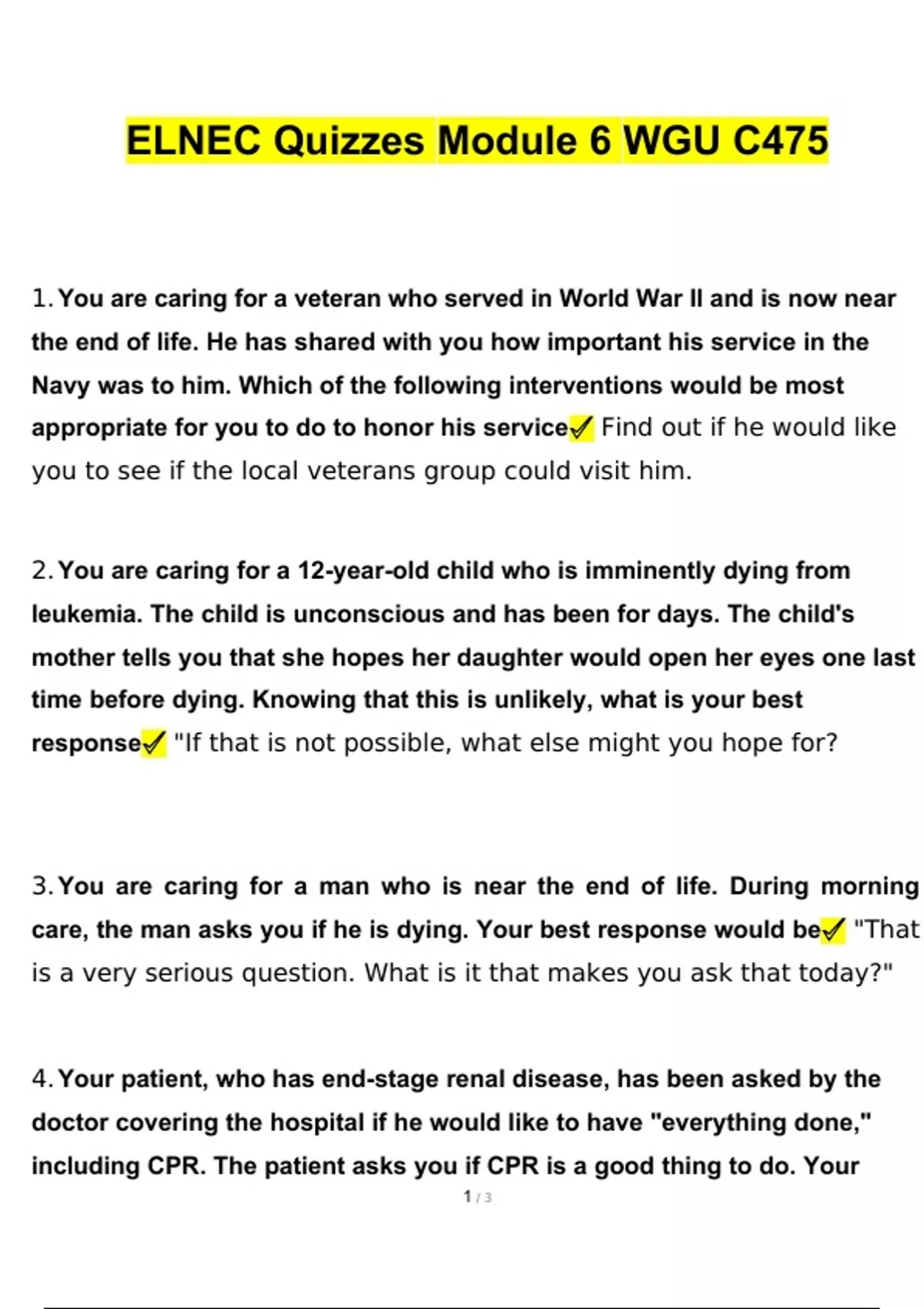 ELNEC Quizzes Module 6 WGU C475 questions and answers latest [100% ...