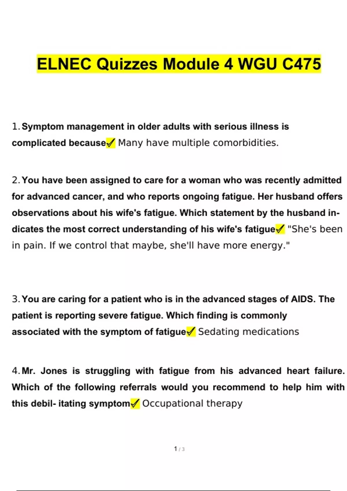 ELNEC Quizzes Module 4 WGU C475 questions and answers latest [100% ...