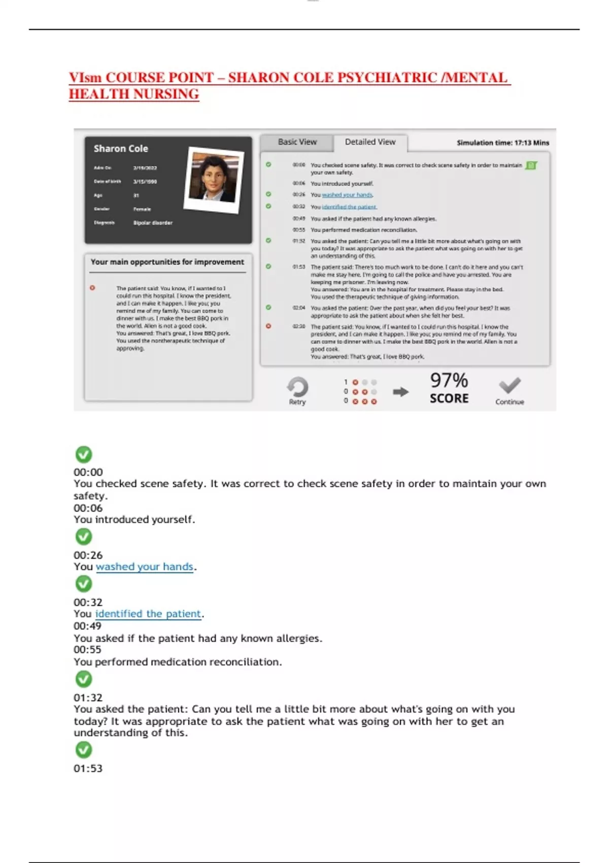 VIsm COURSE POINT – SHARON COLE PSYCHIATRIC /MENTAL HEALTH NURSING ...
