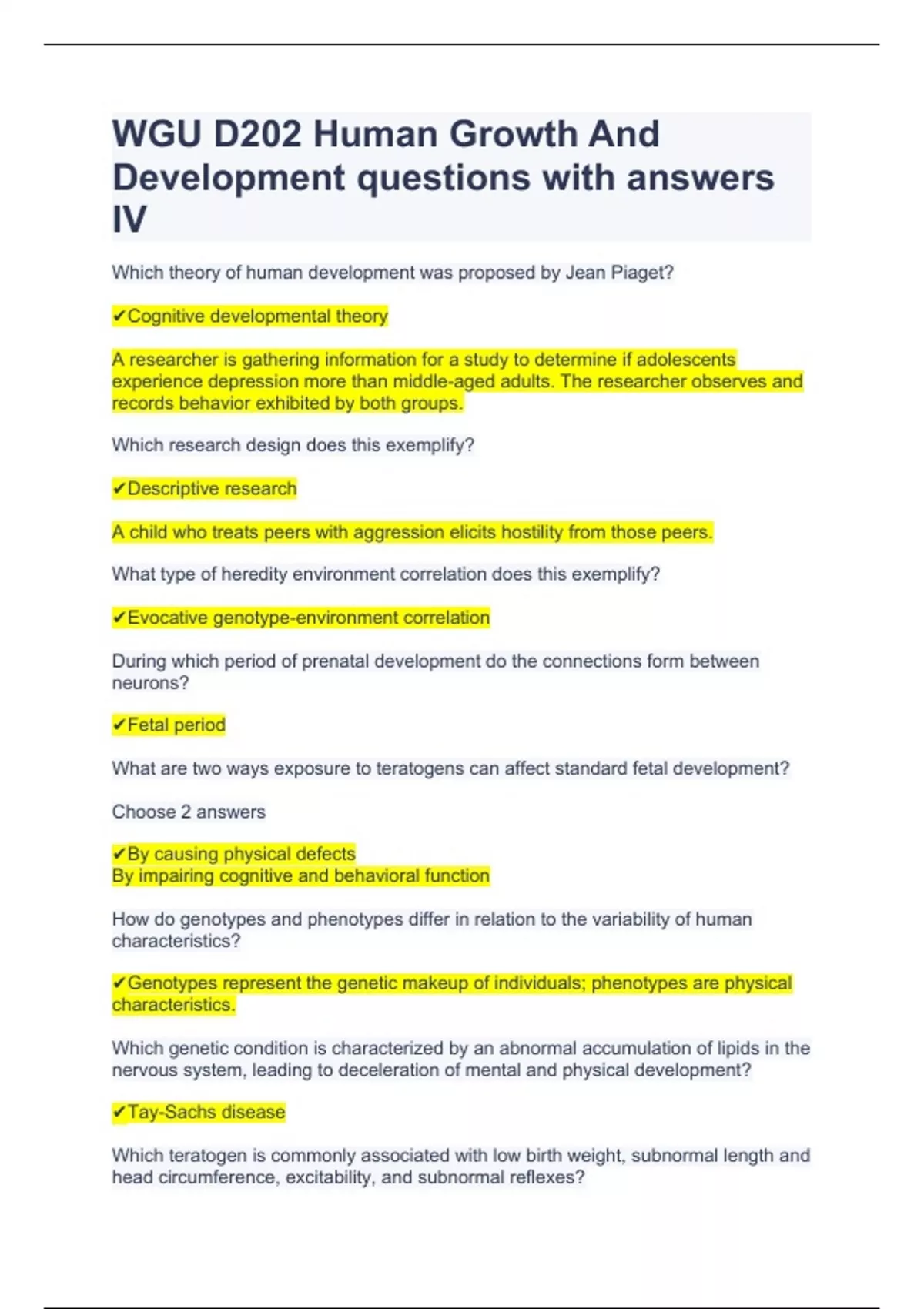 WGU D202 Human Growth And Development questions with answers IV - D202 ...