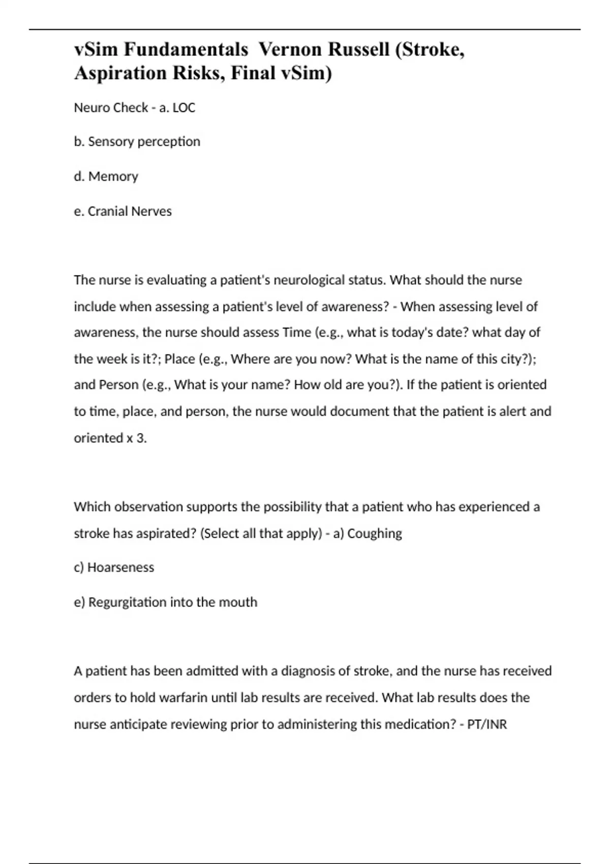 Summary vSim Fundamentals Vernon Russell (Stroke, Aspiration Risks, Final vSim) - VSim ...