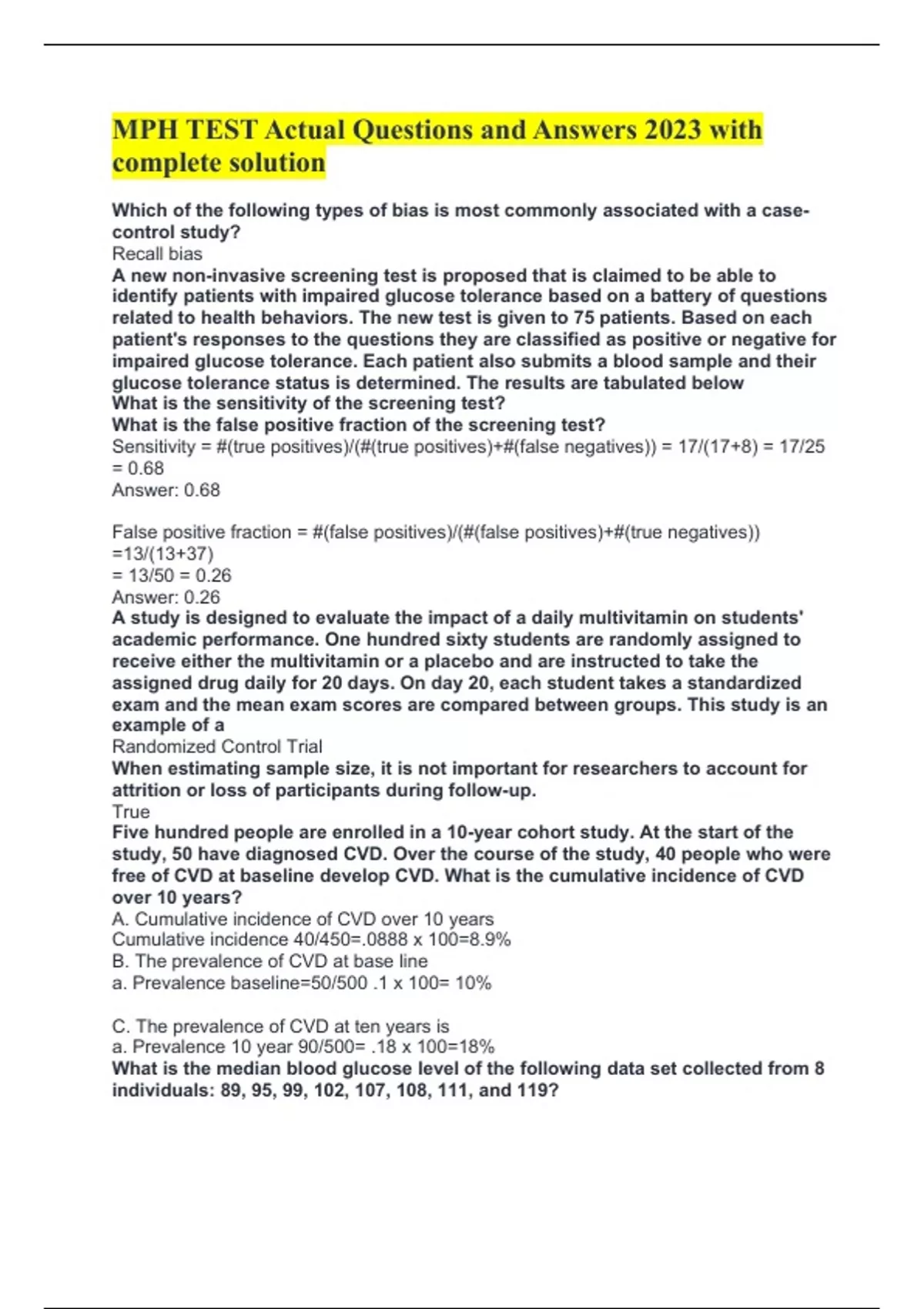 MPH TEST Actual Questions and Answers 2023 with complete solution - MPH ...