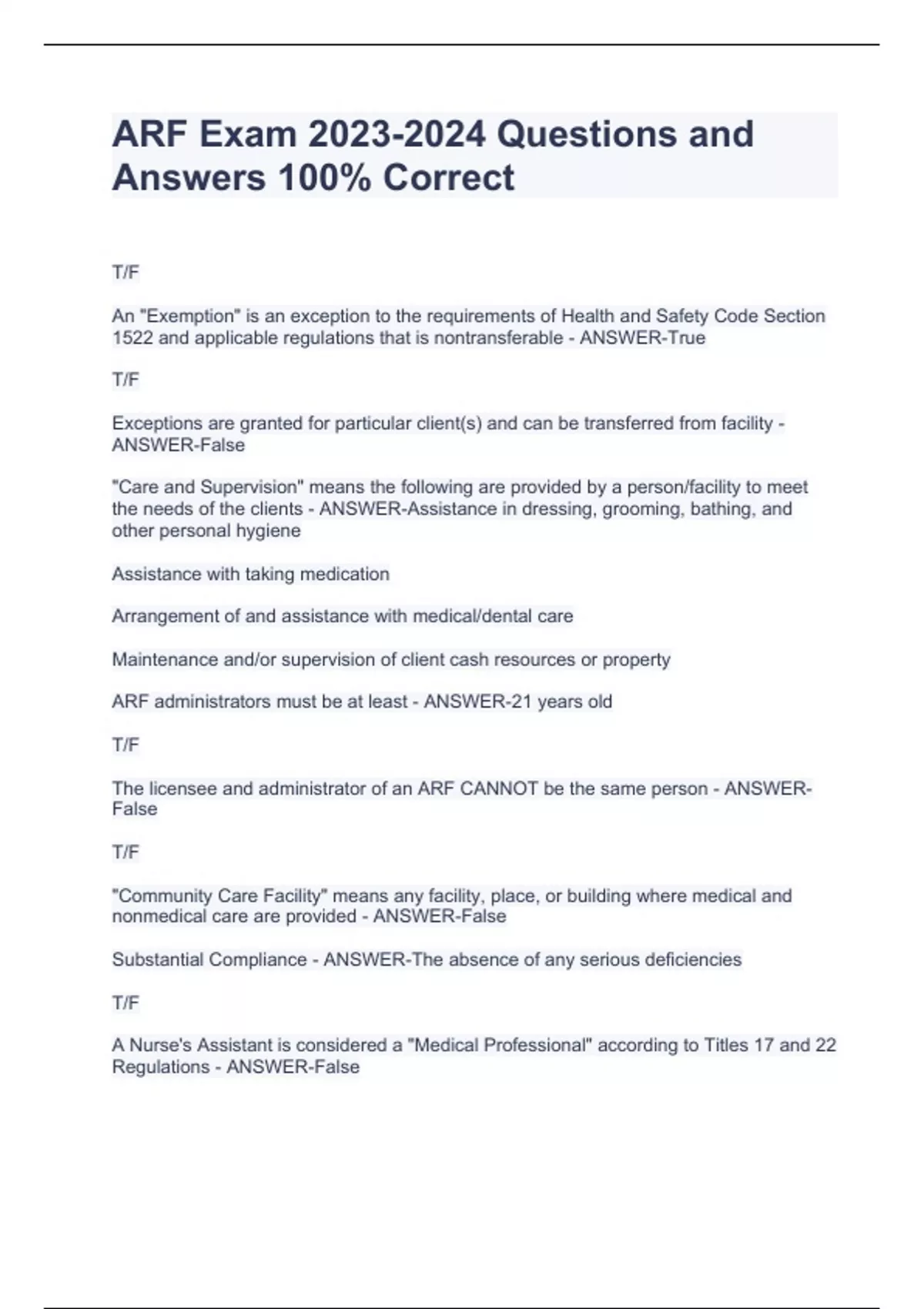 ARF Exam Questions and Answers 100% Correct - Arf - Stuvia UK