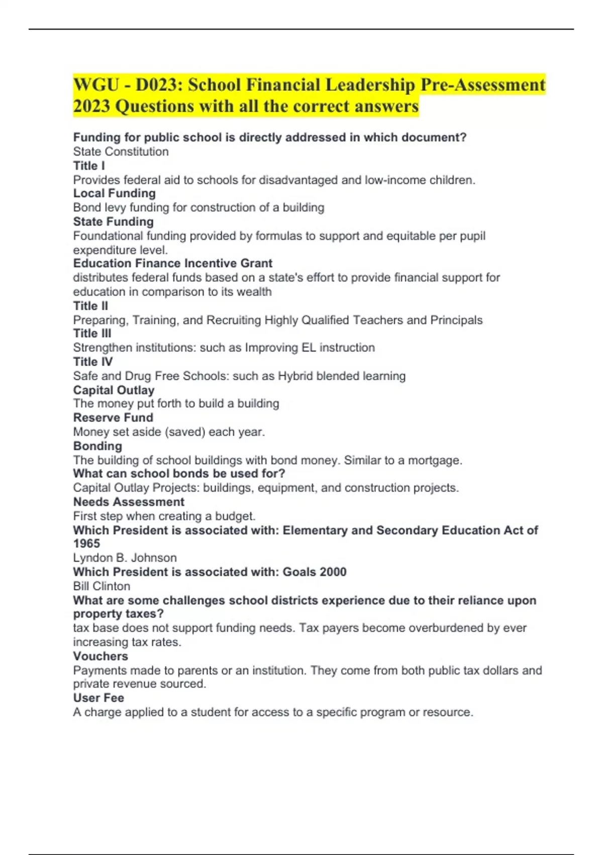 WGU - D023: School Financial Leadership Pre-Assessment 2023 Questions ...