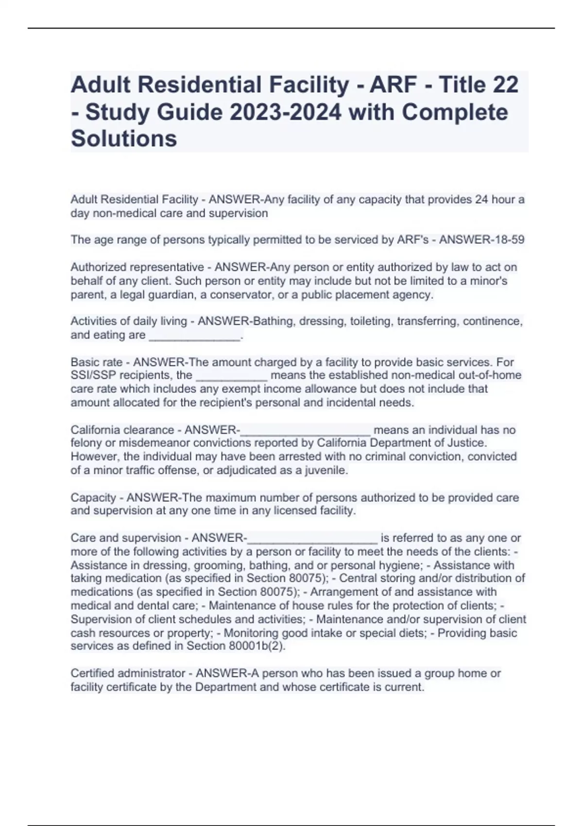 Adult Residential Facility - ARF - Title 22 - Study Guide with Complete ...
