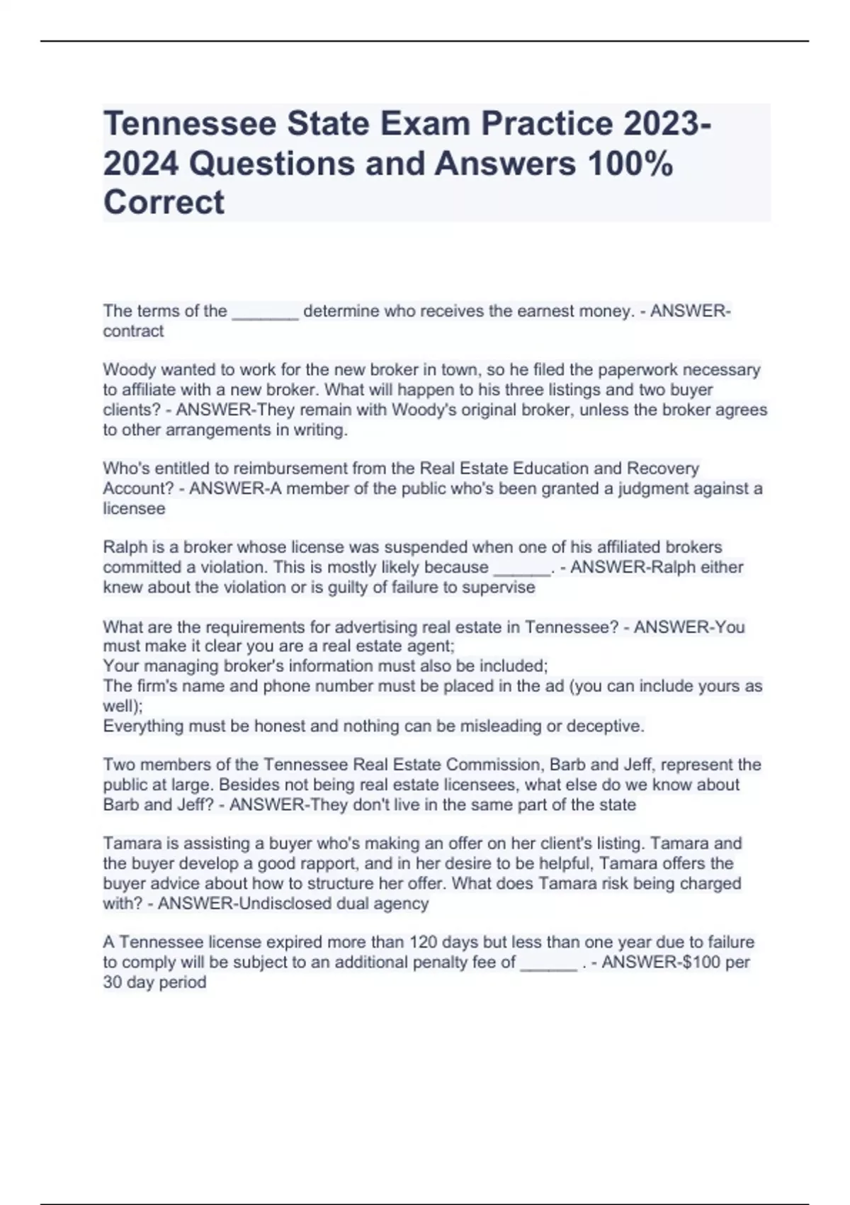 Tennessee State Exam Practice Questions and Answers 100% Correct ...