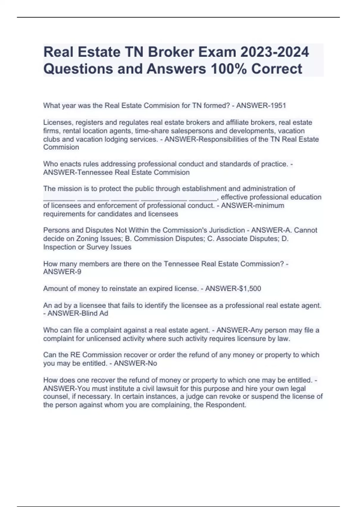 Real Estate TN Broker Exam Questions and Answers 100% Correct - Real ...