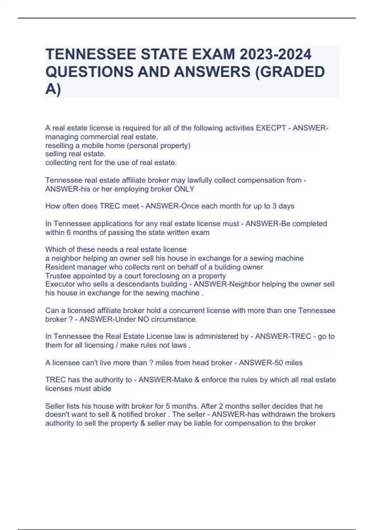 TENNESSEE STATE EXAM QUESTIONS AND ANSWERS (GRADED A) - TENNESSEE STATE ...