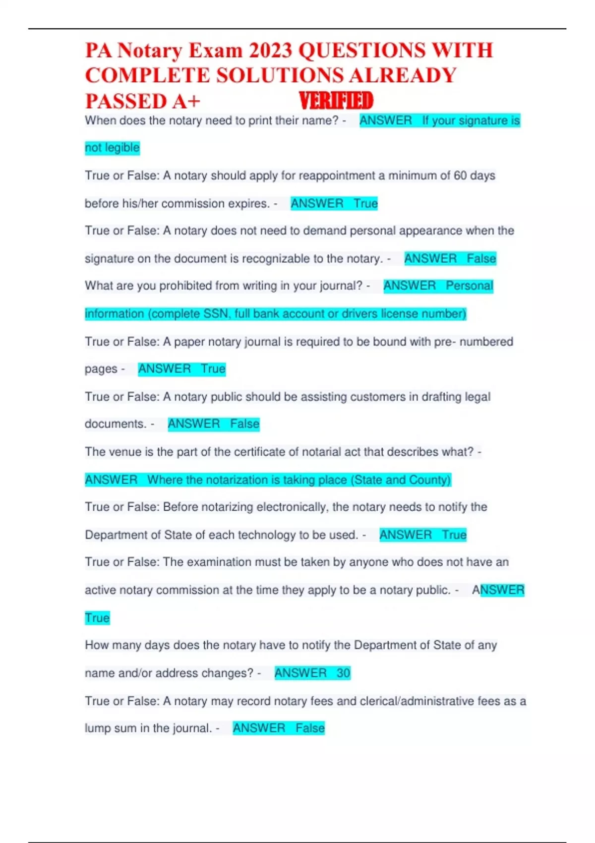 PA Notary Exam 2023 QUESTIONS WITH COMPLETE SOLUTIONS ALREADY PASSED A+ ...