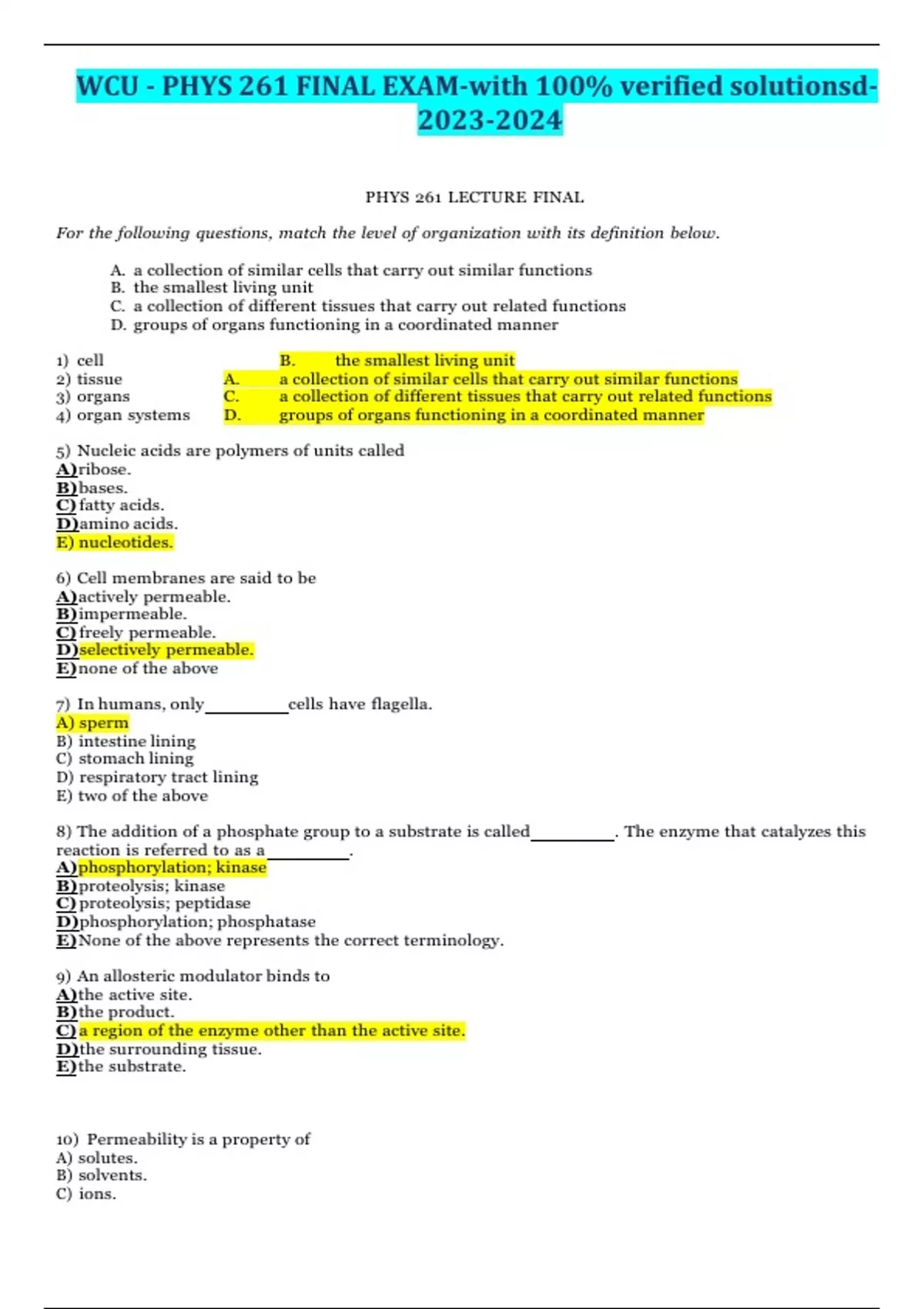 WCU - PHYS 261 FINAL EXAM-with 100% verified solutions- - PHYS 261 (PHYS261) - Stuvia US