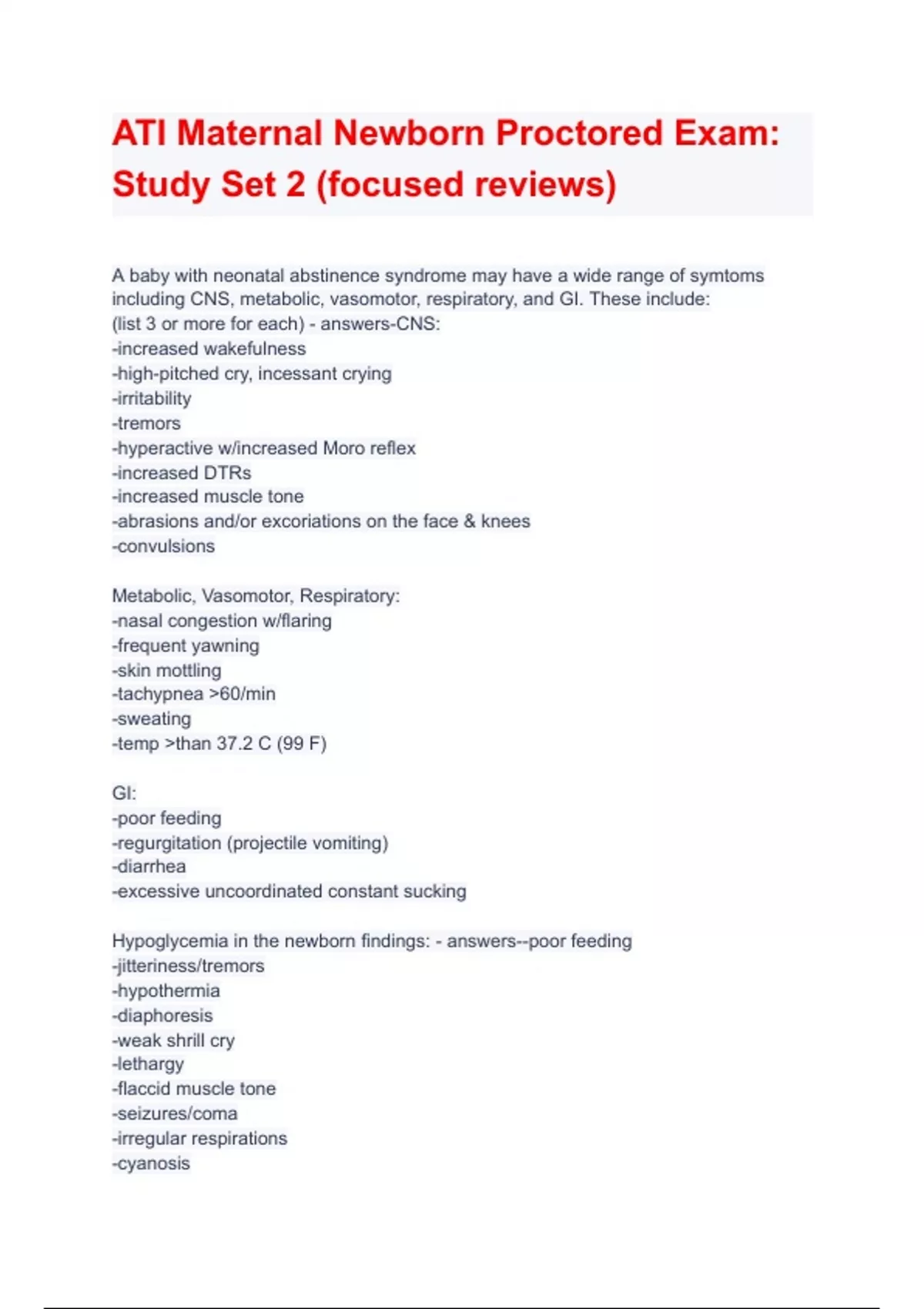 ATI Maternal Newborn Proctored Exam: Study Set 2 (focused reviews ...