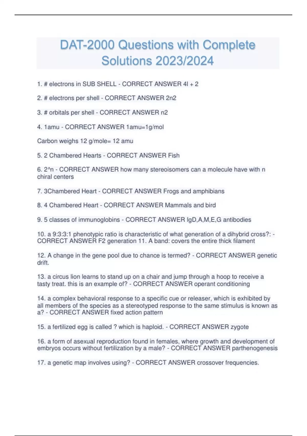 DAT-2000 Questions with Complete Solutions 2023/2024 - DAT - Stuvia US