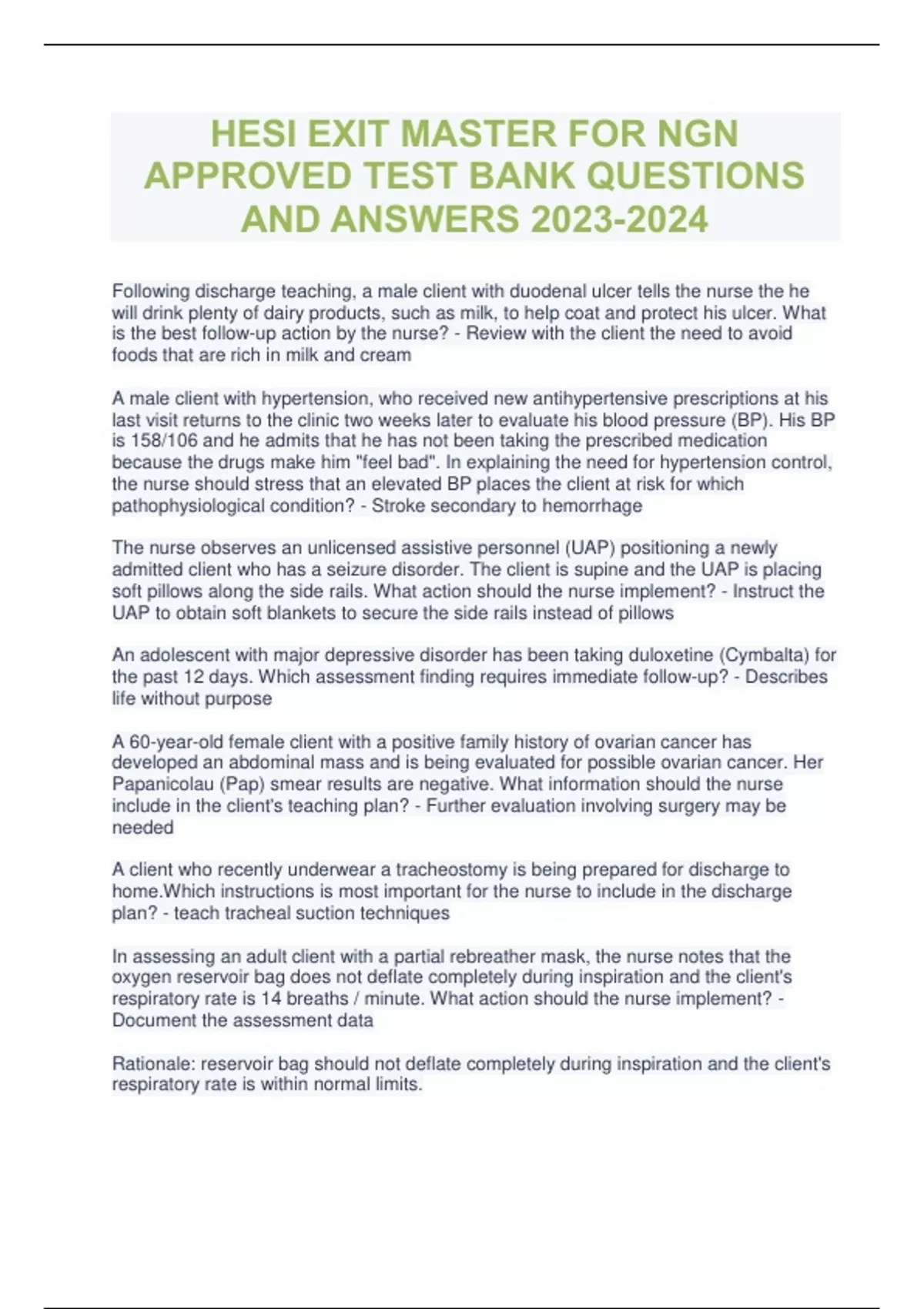 HESI EXIT MASTER FOR NGN APPROVED TEST BANK QUESTIONS AND ANSWERS ...