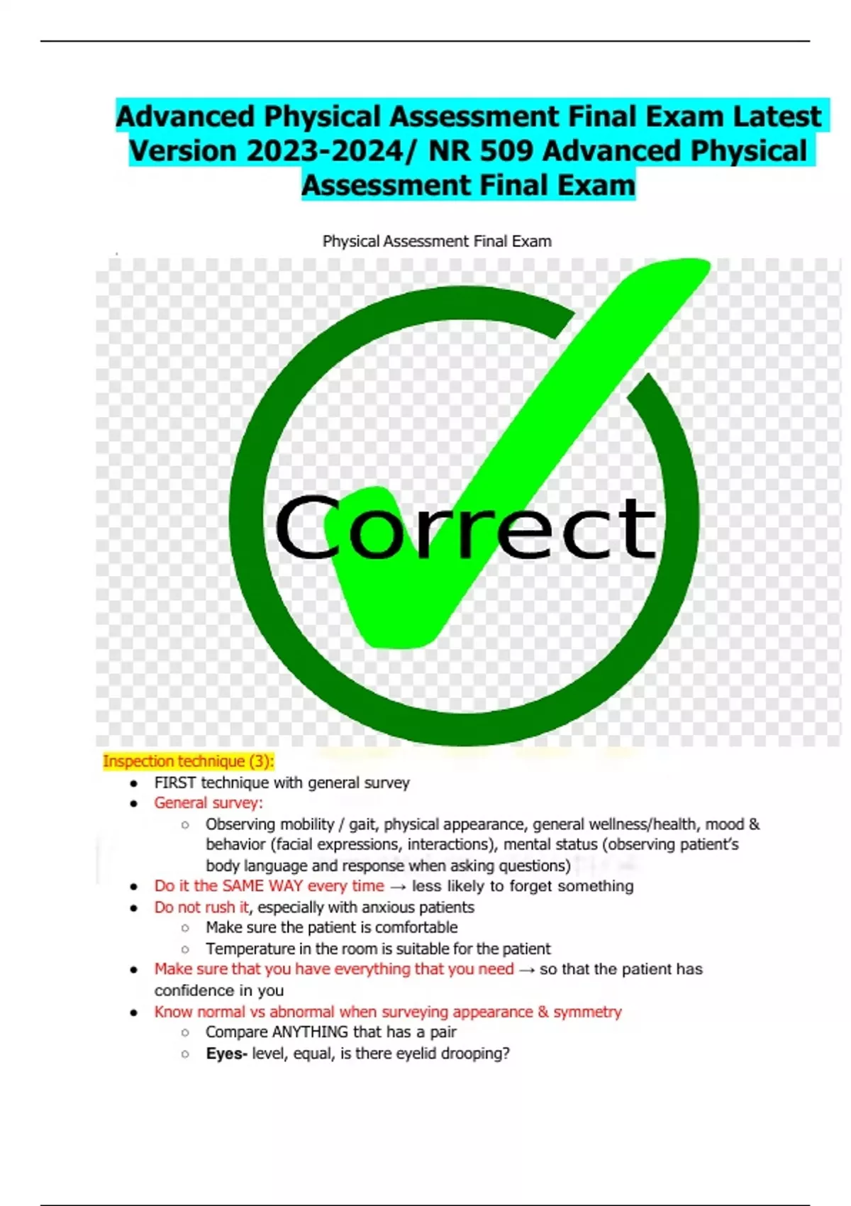 Advanced Physical Assessment Final Exam Latest Version / NR 509 ...