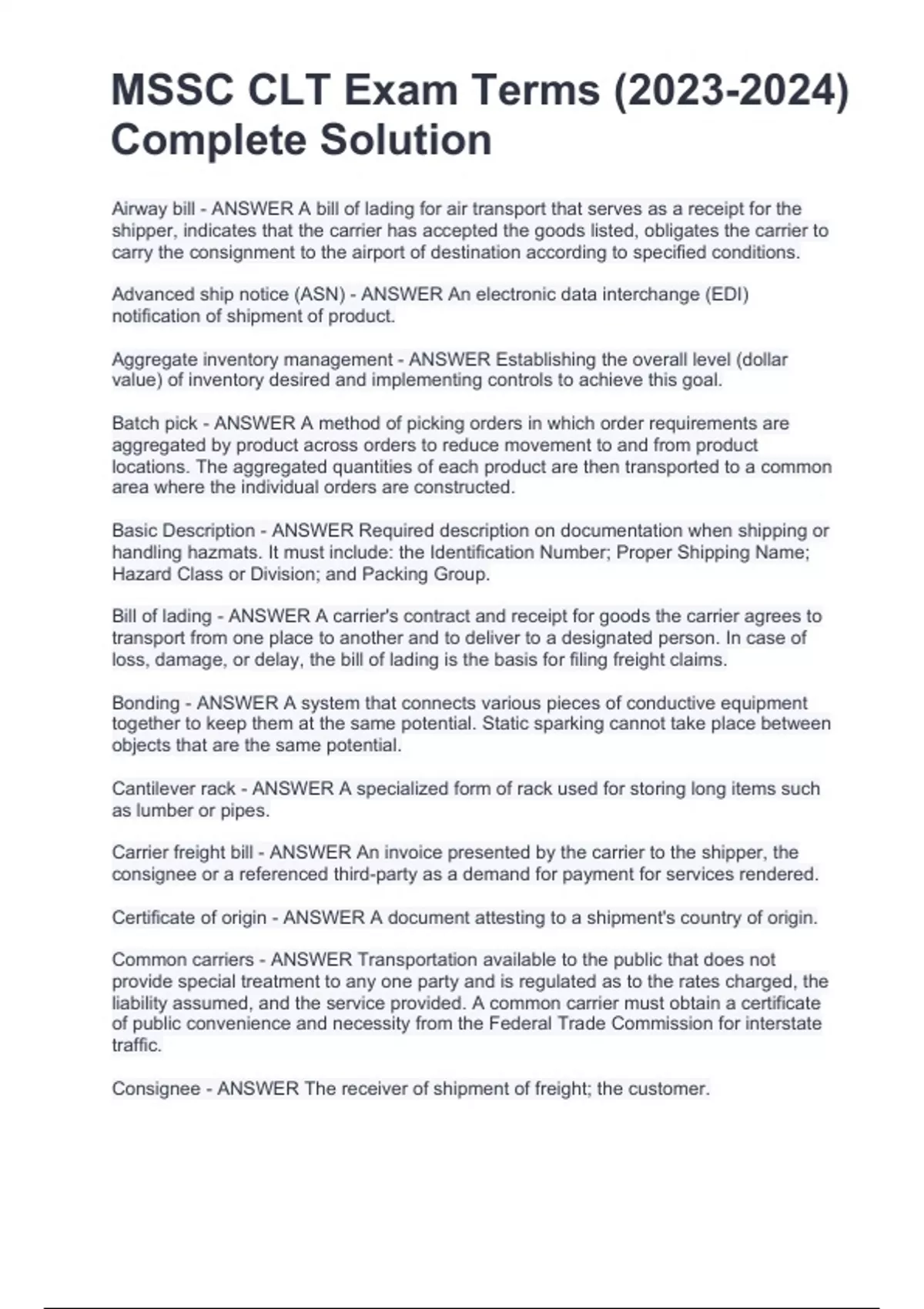 MSSC CLT Exam Terms () Complete Solution. - MSSC CLT - Stuvia US