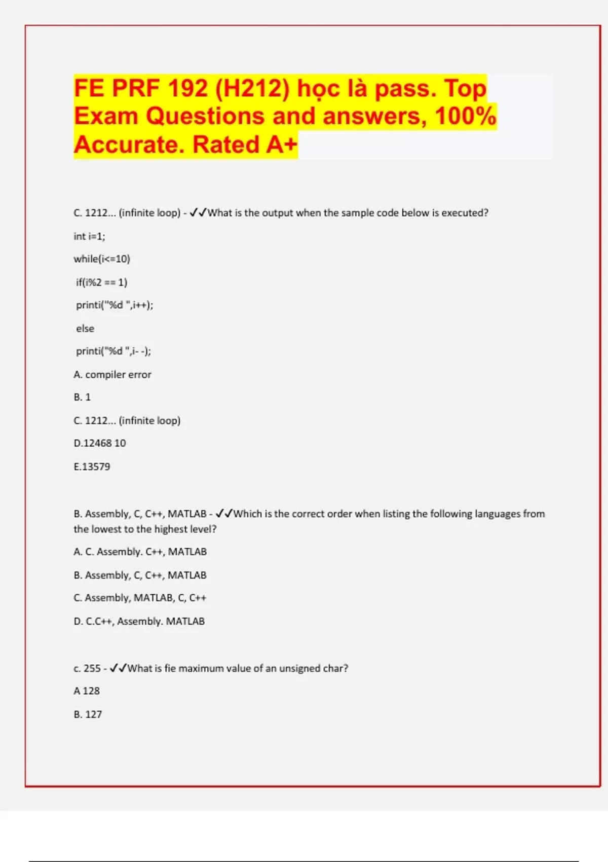 FE PRF 192 (H212) học là pass. Top Exam Questions and answers, 100% Accurate. Rated A+ - FE PRF ...
