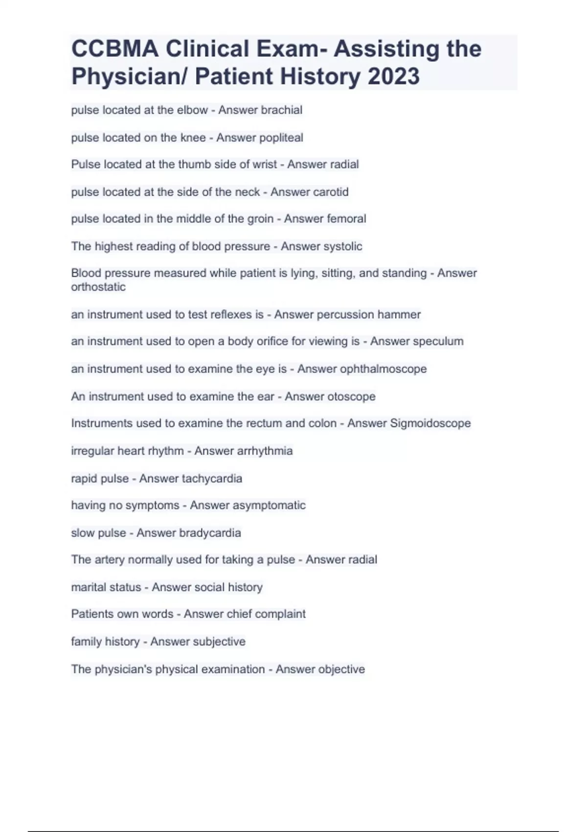 CCBMA Clinical Exam- Assisting the Physician/ Patient History 2023 ...