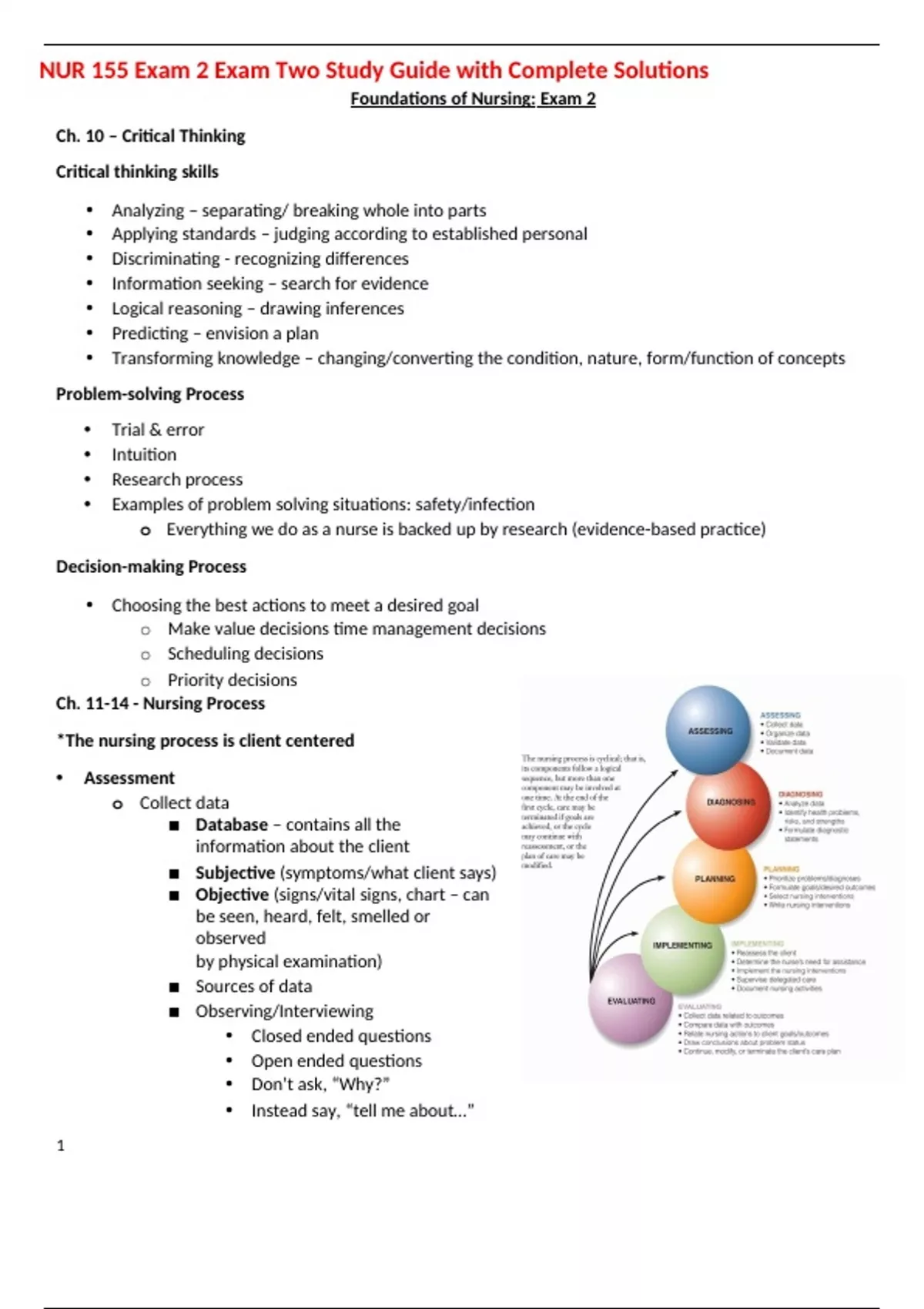 NUR 155 Exam 2 Exam Two Study Guide with Complete Solutions - NUR 155 ...