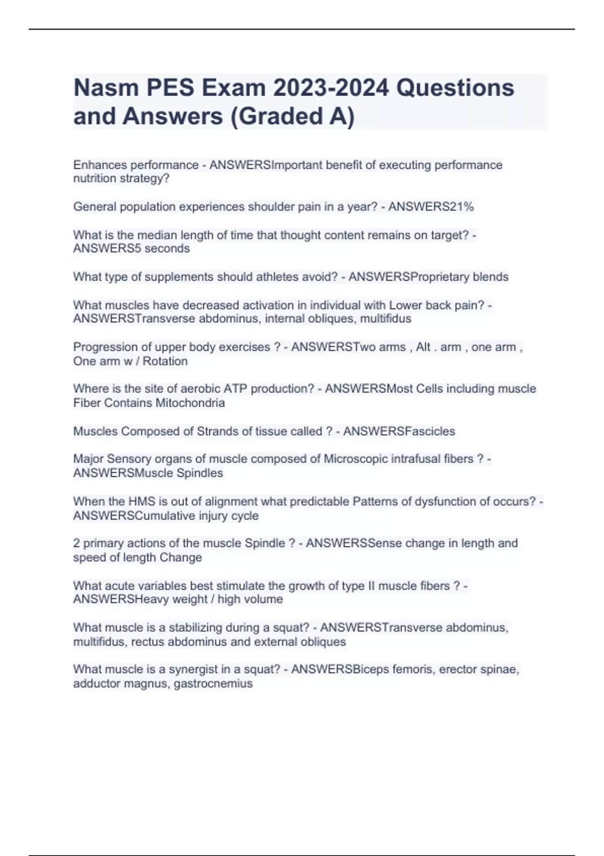 Nasm PES Exam Questions and Answers (Graded A) - Nasm PES - Stuvia US