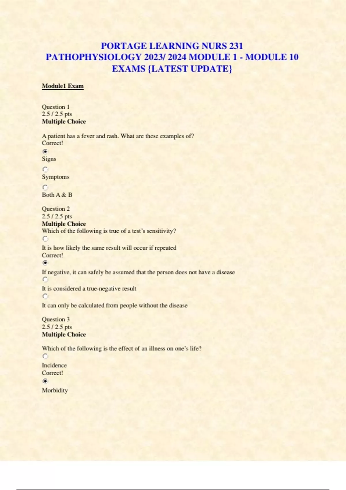 PORTAGE LEARNING NURS 231 PATHOPHYSIOLOGY 2023/ 2024 MODULE 1 - MODULE ...