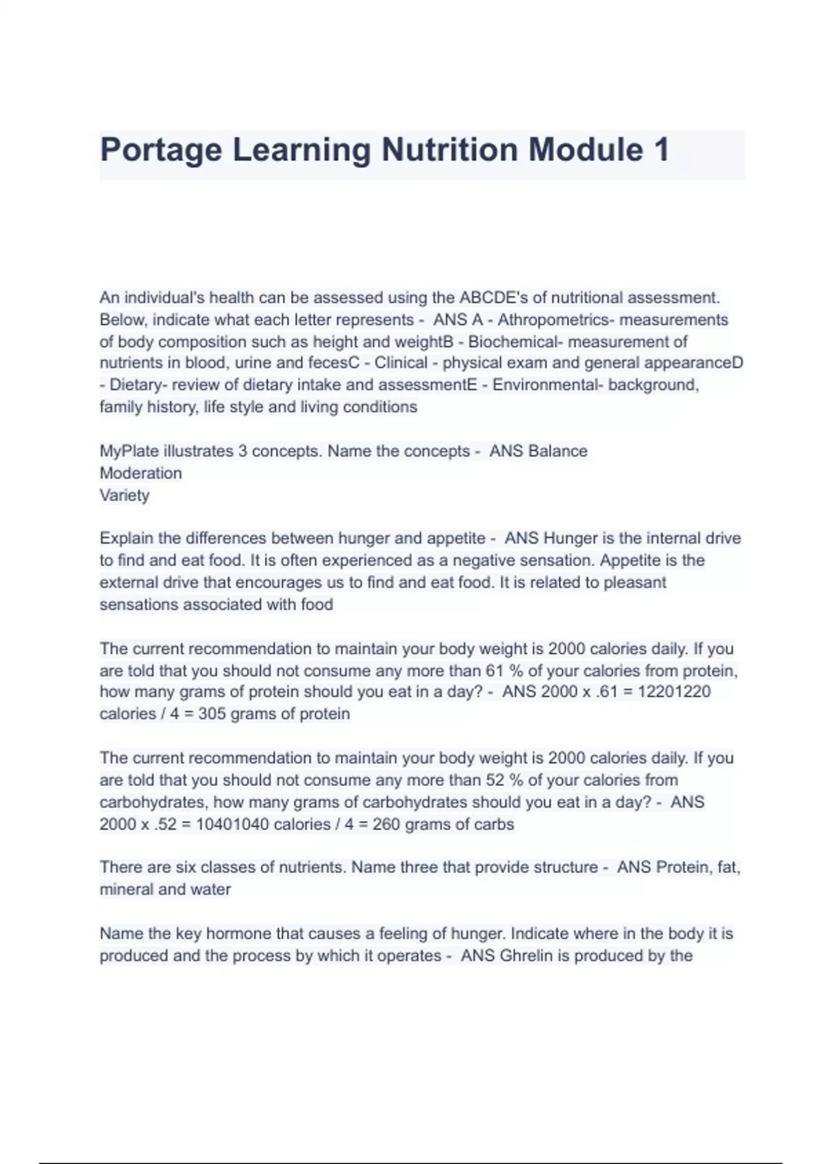 Portage Learning Nutrition BIOD 121 Module 1- Module 6 Exams & Final ...
