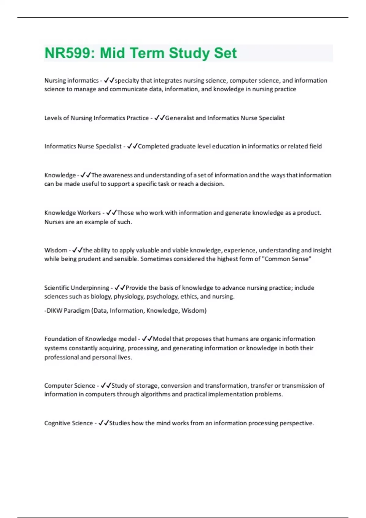 NR599 Questions and Answers(A+ Solution guide) - NR599 - Stuvia US