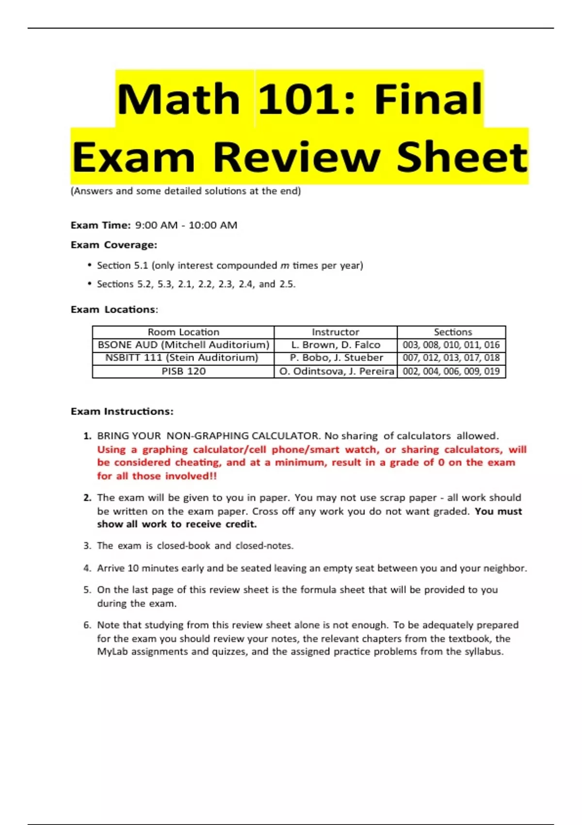 Math 101: Final Exam Review Sheet - Math 101 - Stuvia US