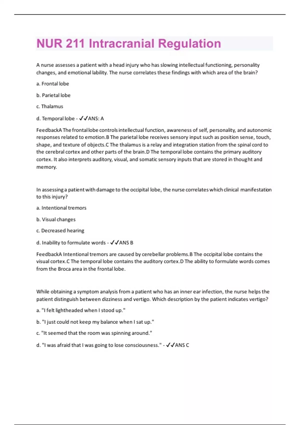 NUR 211 Intracranial Regulation | 61 Questions and Answers(A+ Solution ...