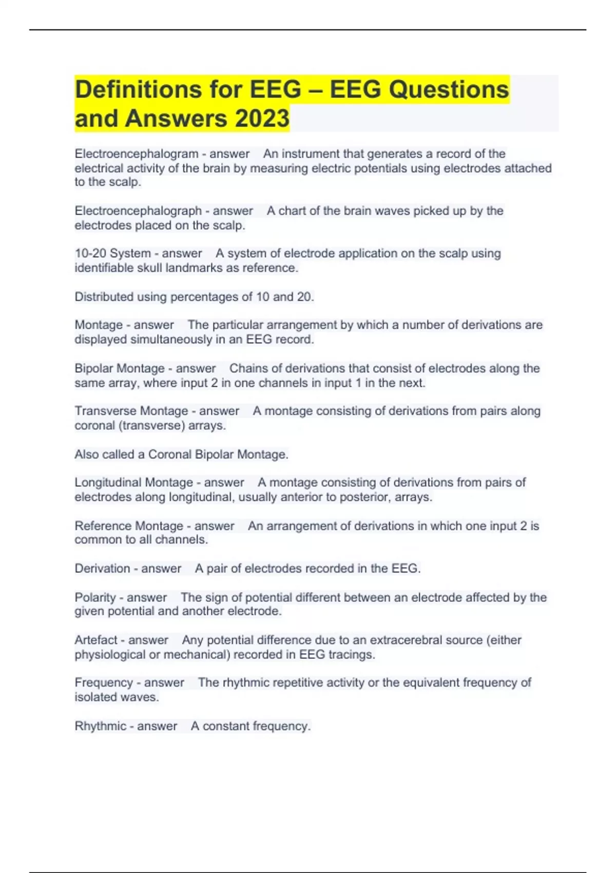 Definitions for EEG – EEG Questions and Answers 2023 - EEG - Stuvia US