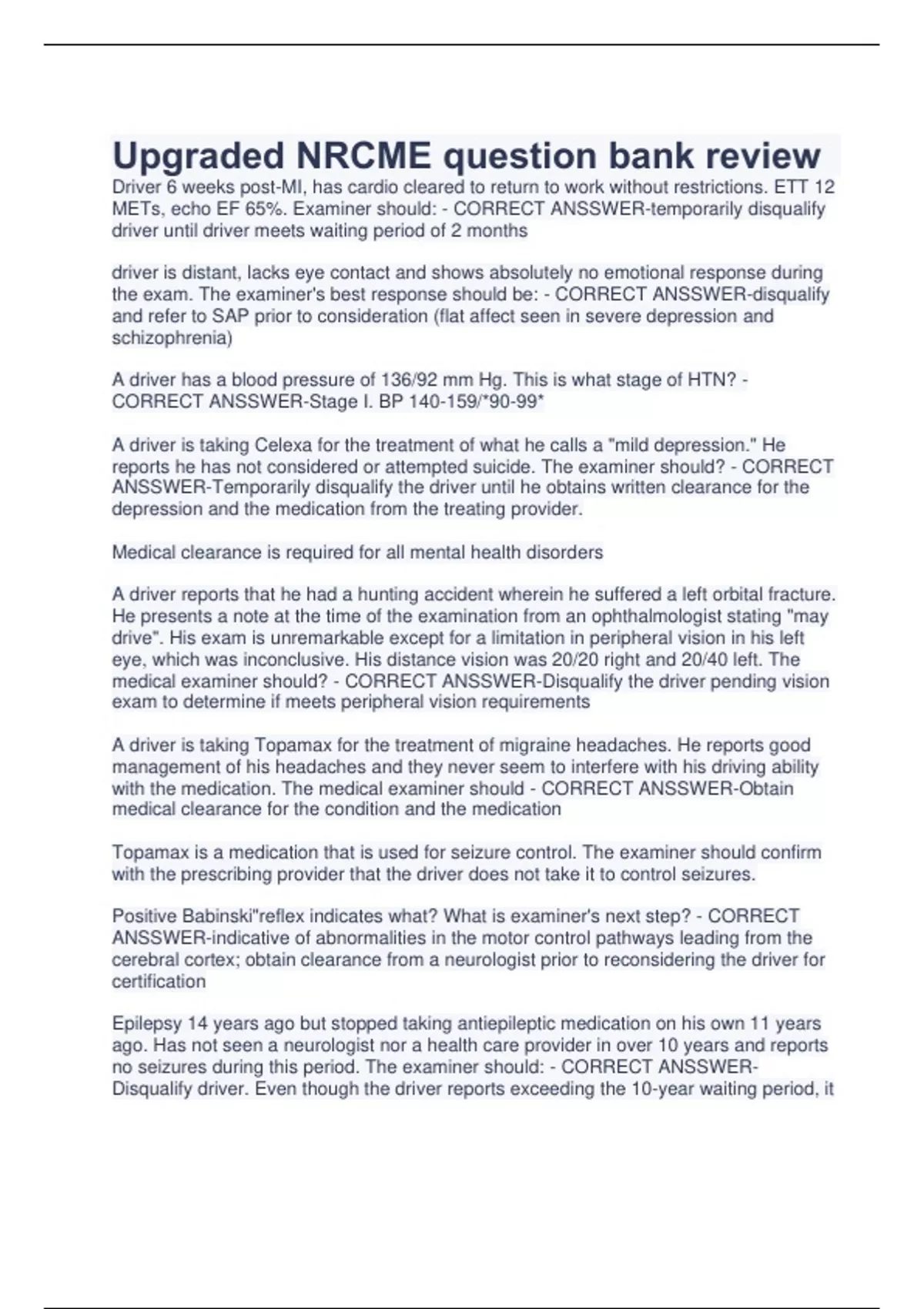 Upgraded NRCME question bank review - Nrcme - Stuvia US