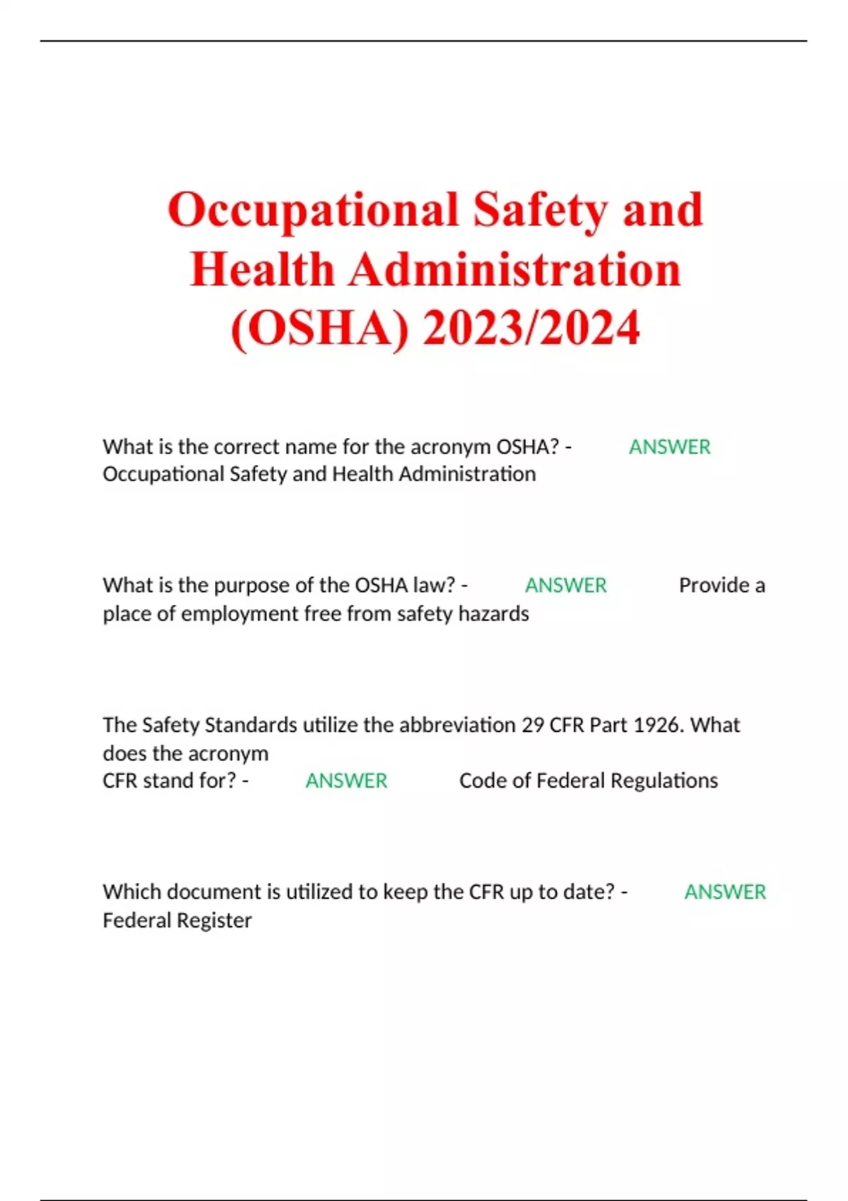 Occupational Safety and Health Administration (OSHA) 2023/2024 ...