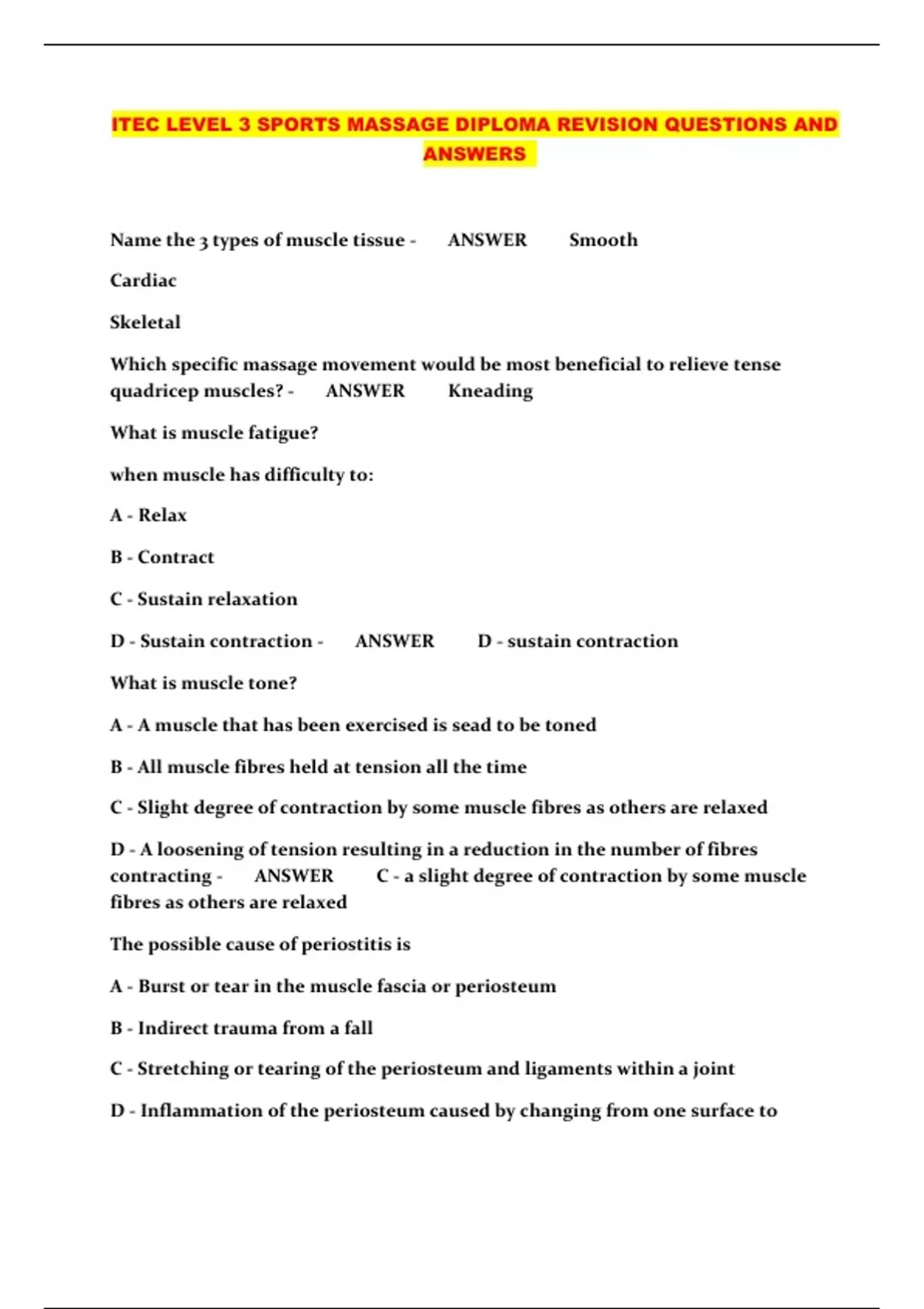 ITEC LEVEL 3 SPORTS MASSAGE DIPLOMA REVISION QUESTIONS AND ANSWERS ...