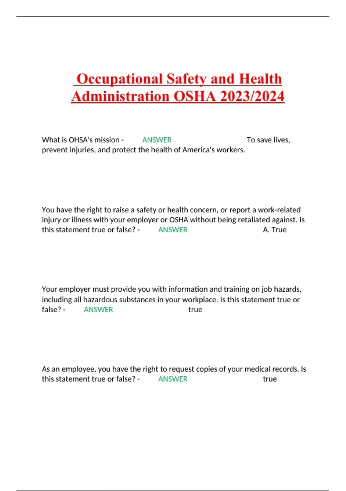 Occupational Safety and Health Administration OSHA 2023/2024 - OSHA ...