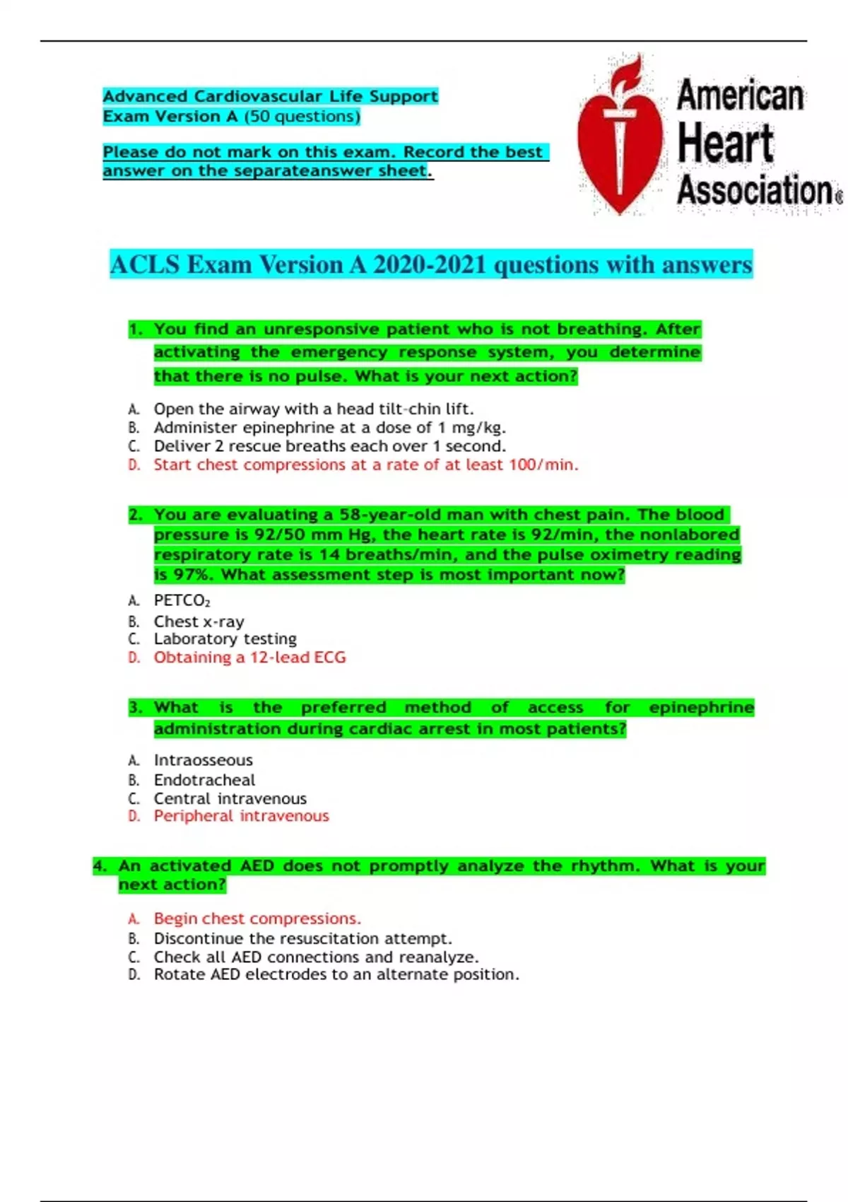 Aha Acls Post Test Answer Key 2020