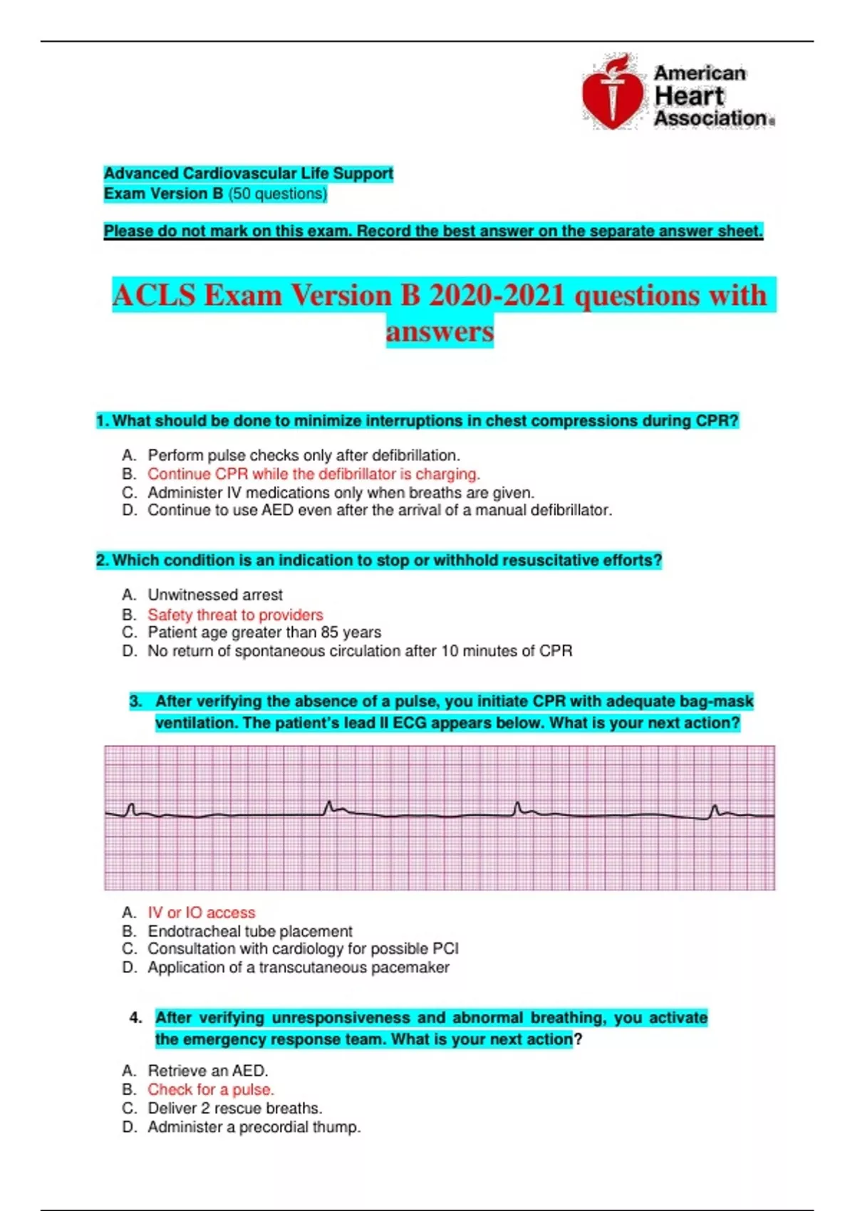 ACLS Exam Version B Questions With Answers ACLS Stuvia US