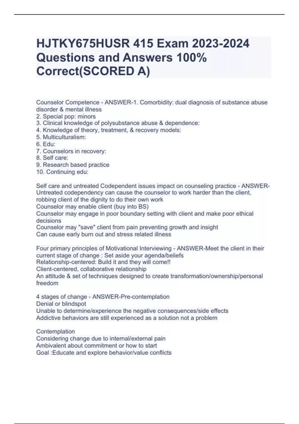 HJTKY675HUSR 415 Exam Questions and Answers 100% Correct(SCORED A) - HUSR 415 - Stuvia US