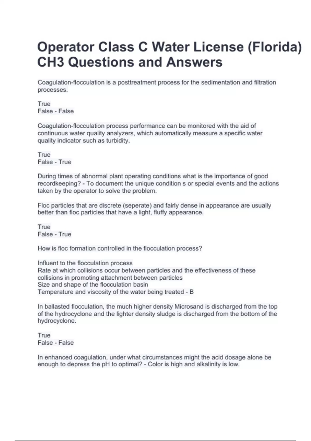 Operator Class C Water License (Florida) CH3 Questions and Answers. - Operator Class C Water ...