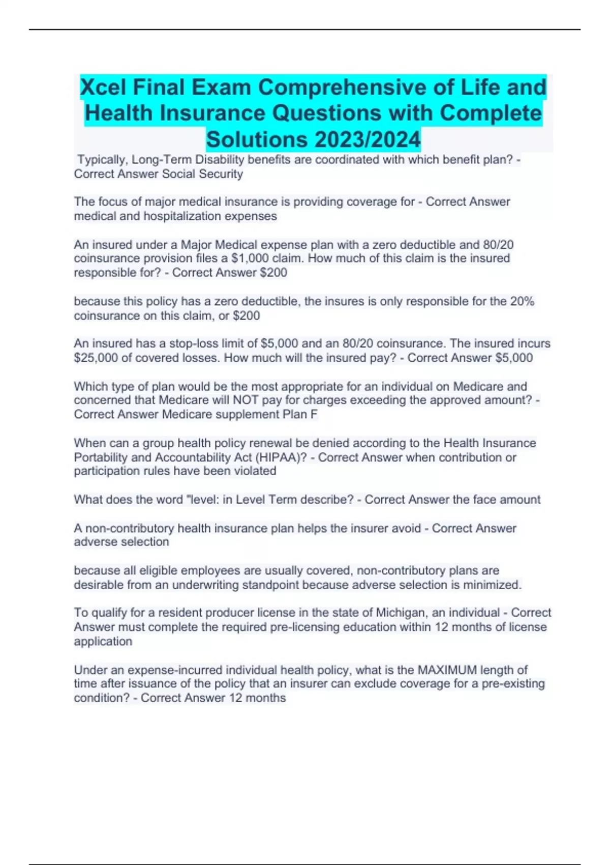 Xcel Final Exam Comprehensive of Life and Health Insurance Questions ...