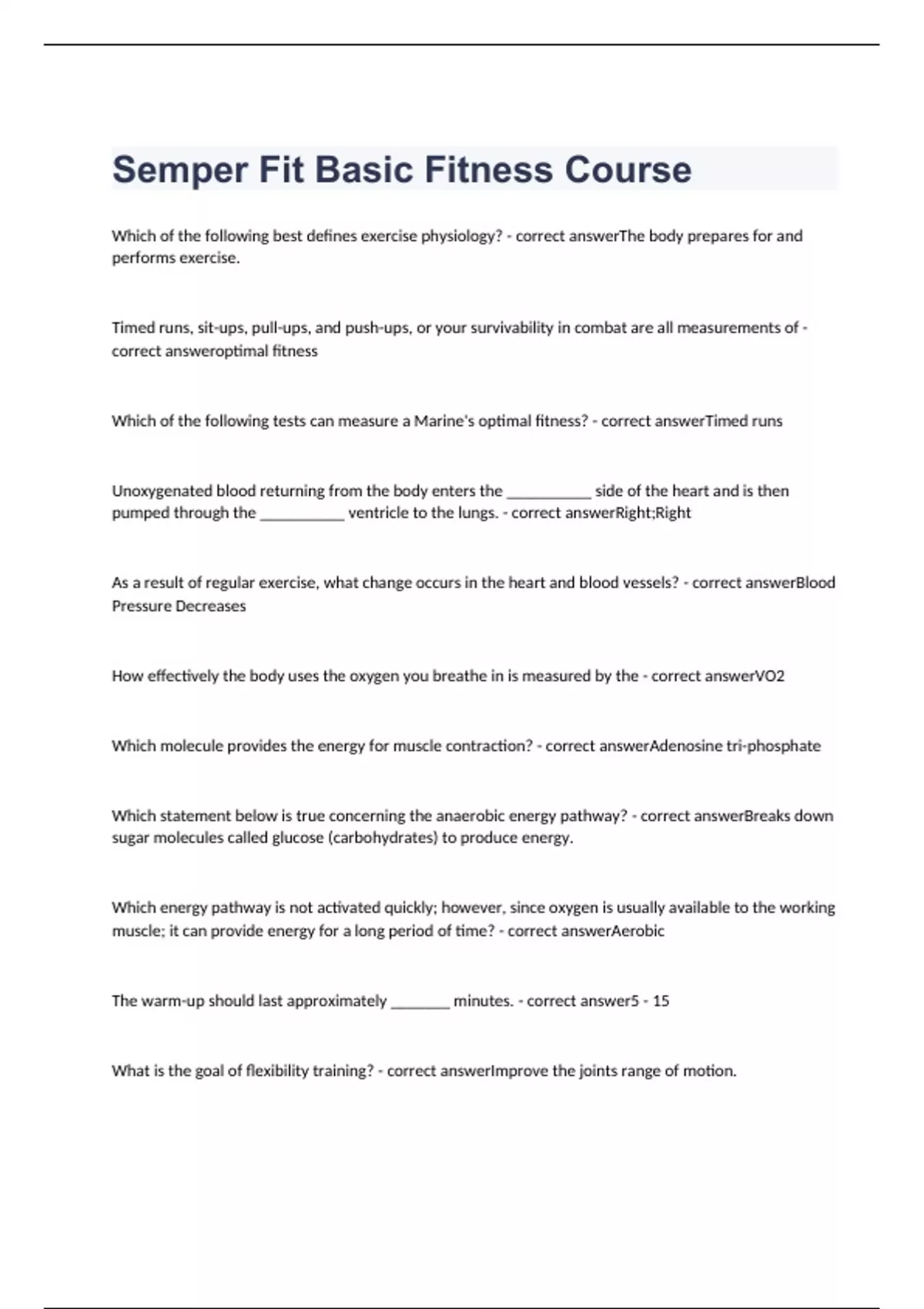 Semper Fit Basic Fitness Course exam 2023 with 100% correct answers ...