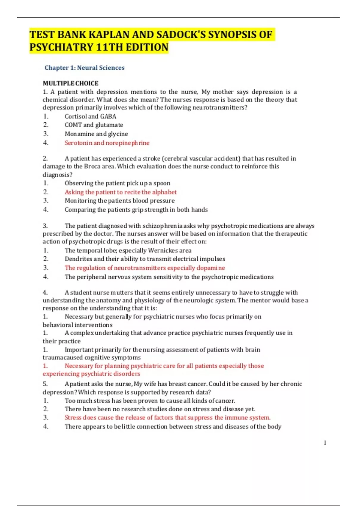 TEST BANK KAPLAN AND SADOCK'S SYNOPSIS OF PSYCHIATRY 11TH EDITION ...