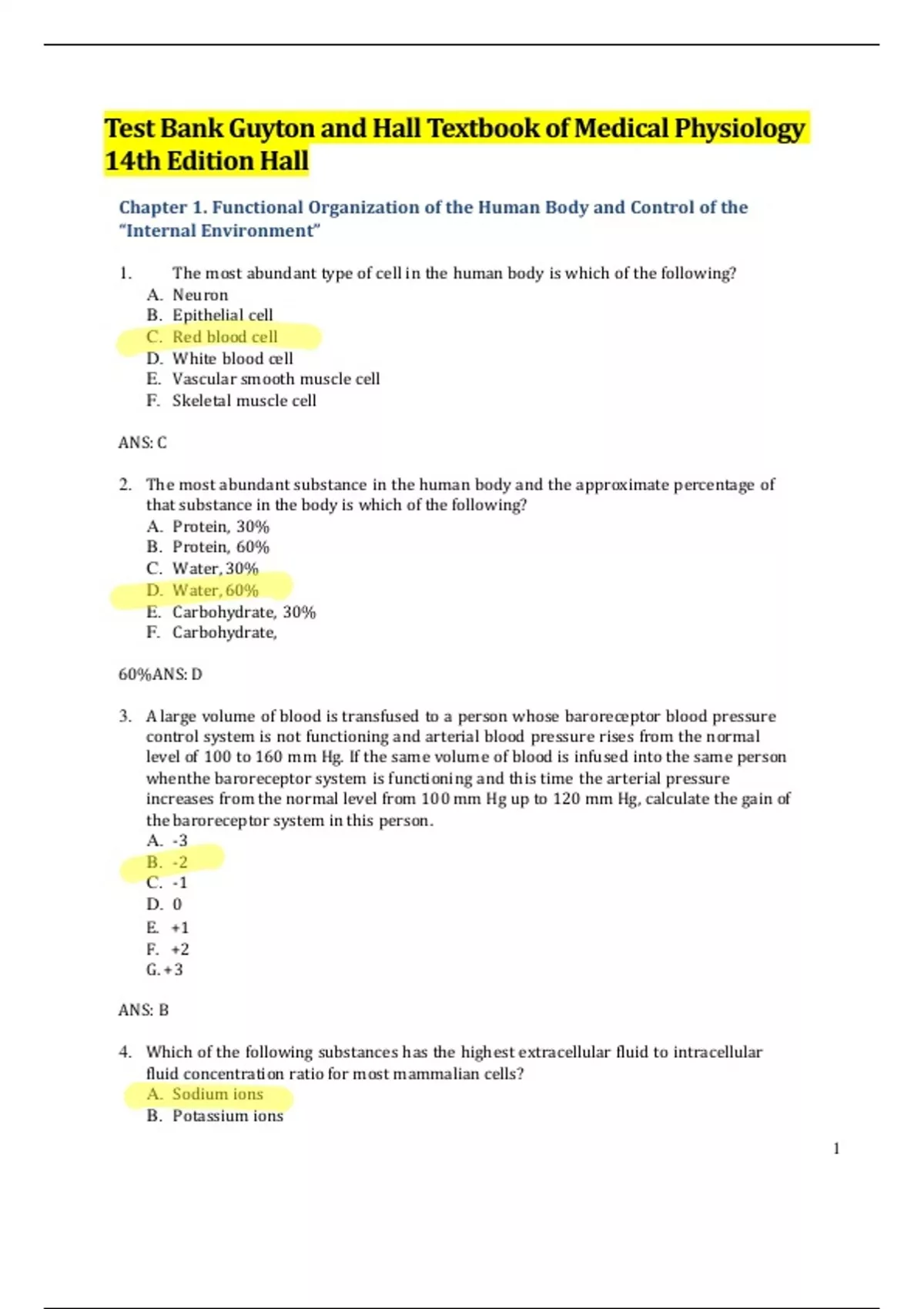 Test Bank Guyton and Hall Textbook of Medical Physiology 14th Edition ...
